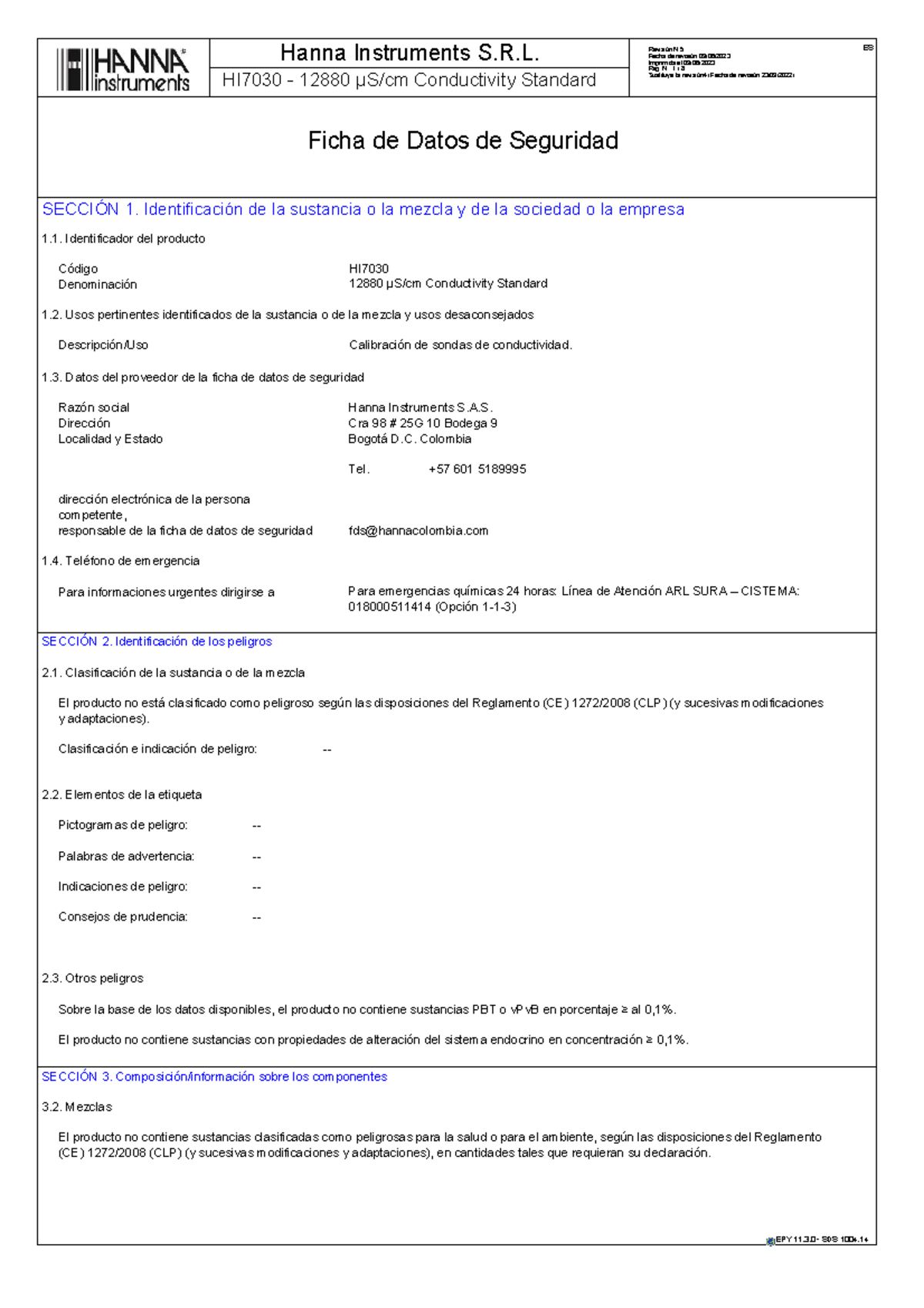 Hoja de seguridad HI7030 - Hanna Instruments S.R. HI7030 - 12880 μS/cm ...