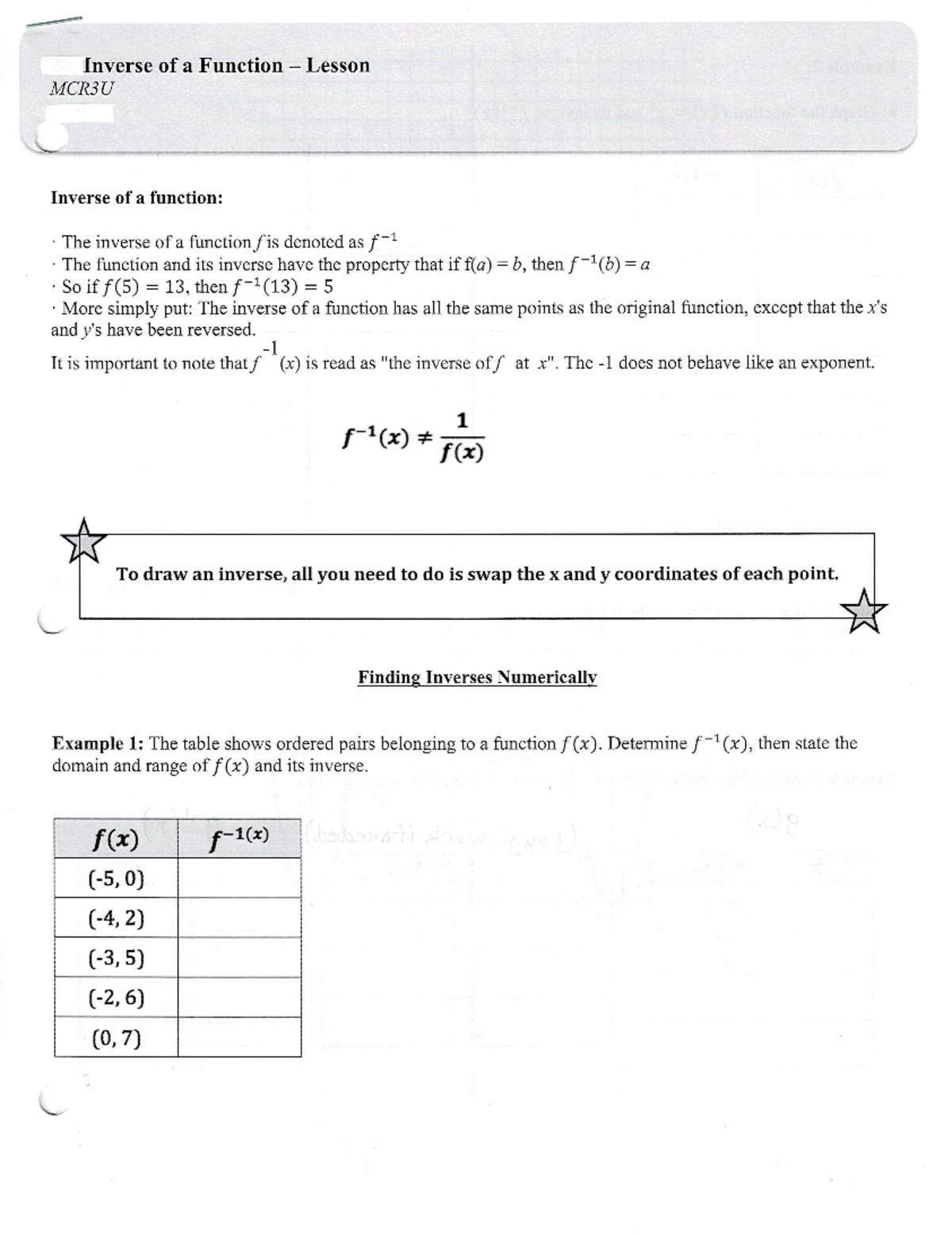 Lesson inverse of a function - Studocu