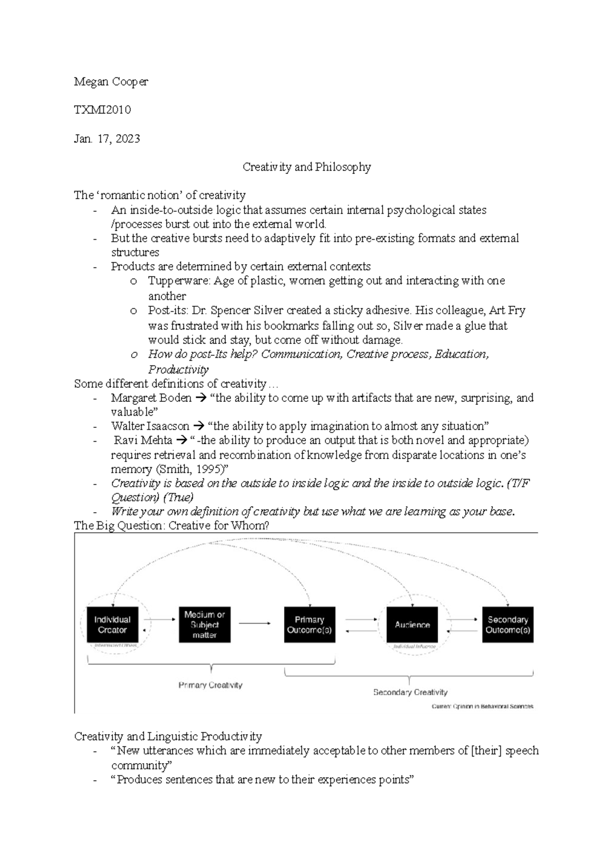 Creativity and Philosophy - Megan Cooper TXMI Jan. 17, 2023 Creativity ...