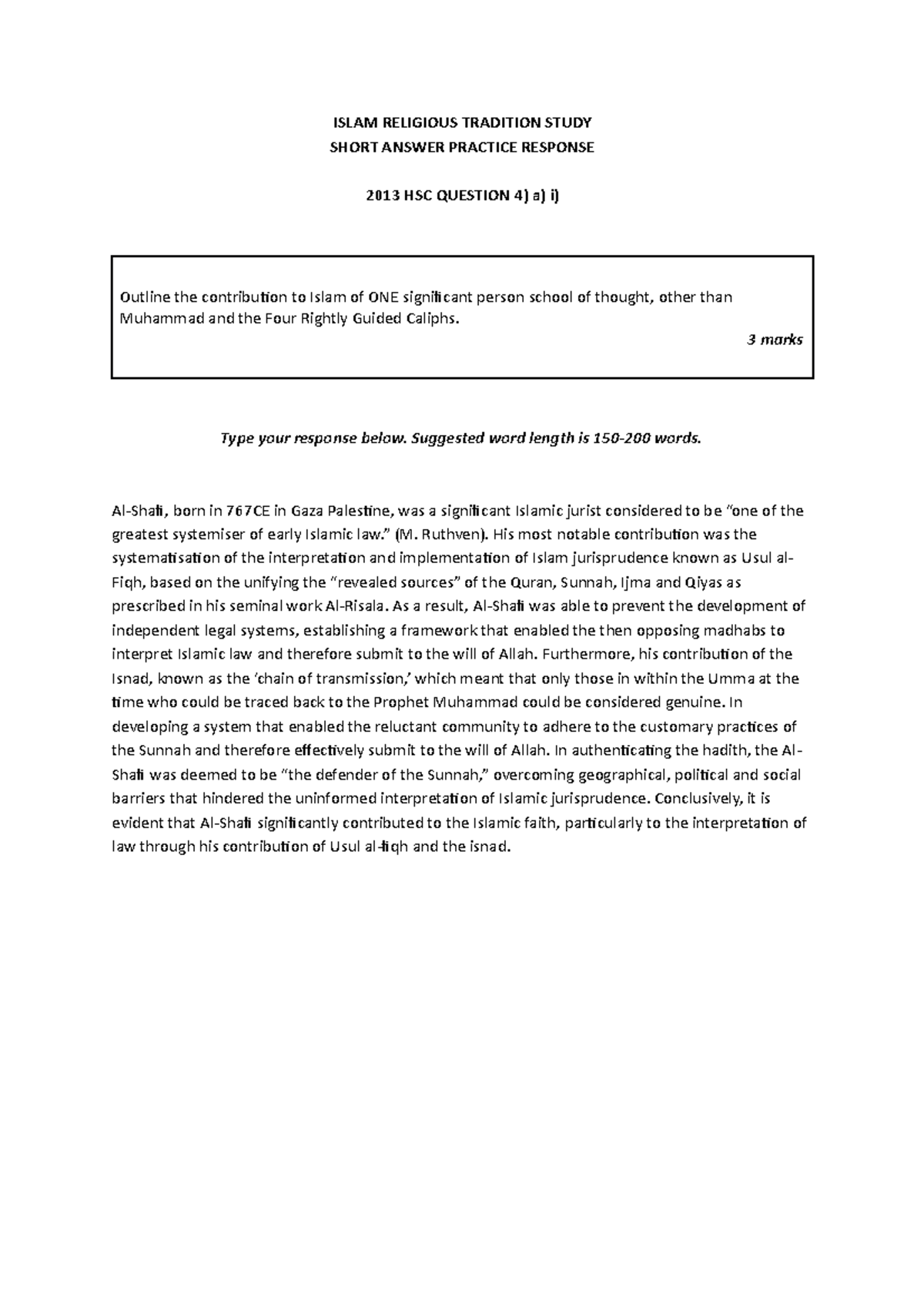 Al-Shafi 3 Mark Practice Q - 2013 HSC - ISLAM RELIGIOUS TRADITION STUDY ...