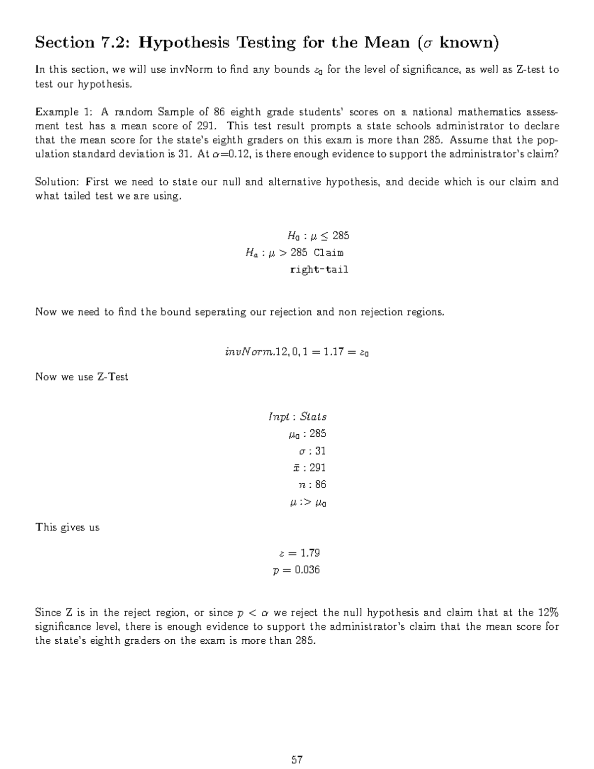Math 1342 - Section 7.2 - Section 7: Hypothesis Testing for the Mean (σ ...