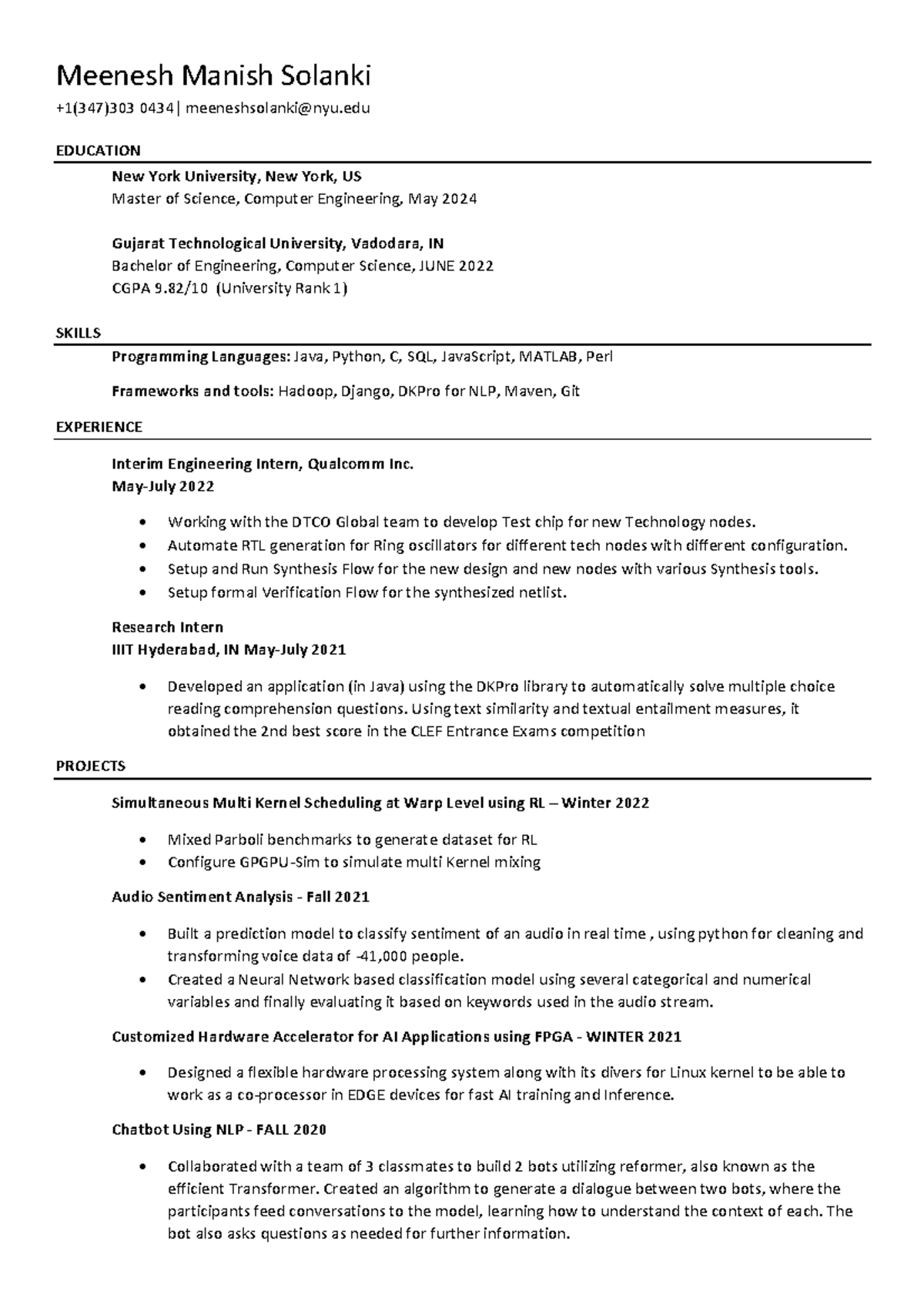 CV1S - Resume - Meenesh Manish Solanki +1(347)303 0434| meeneshsolanki ...