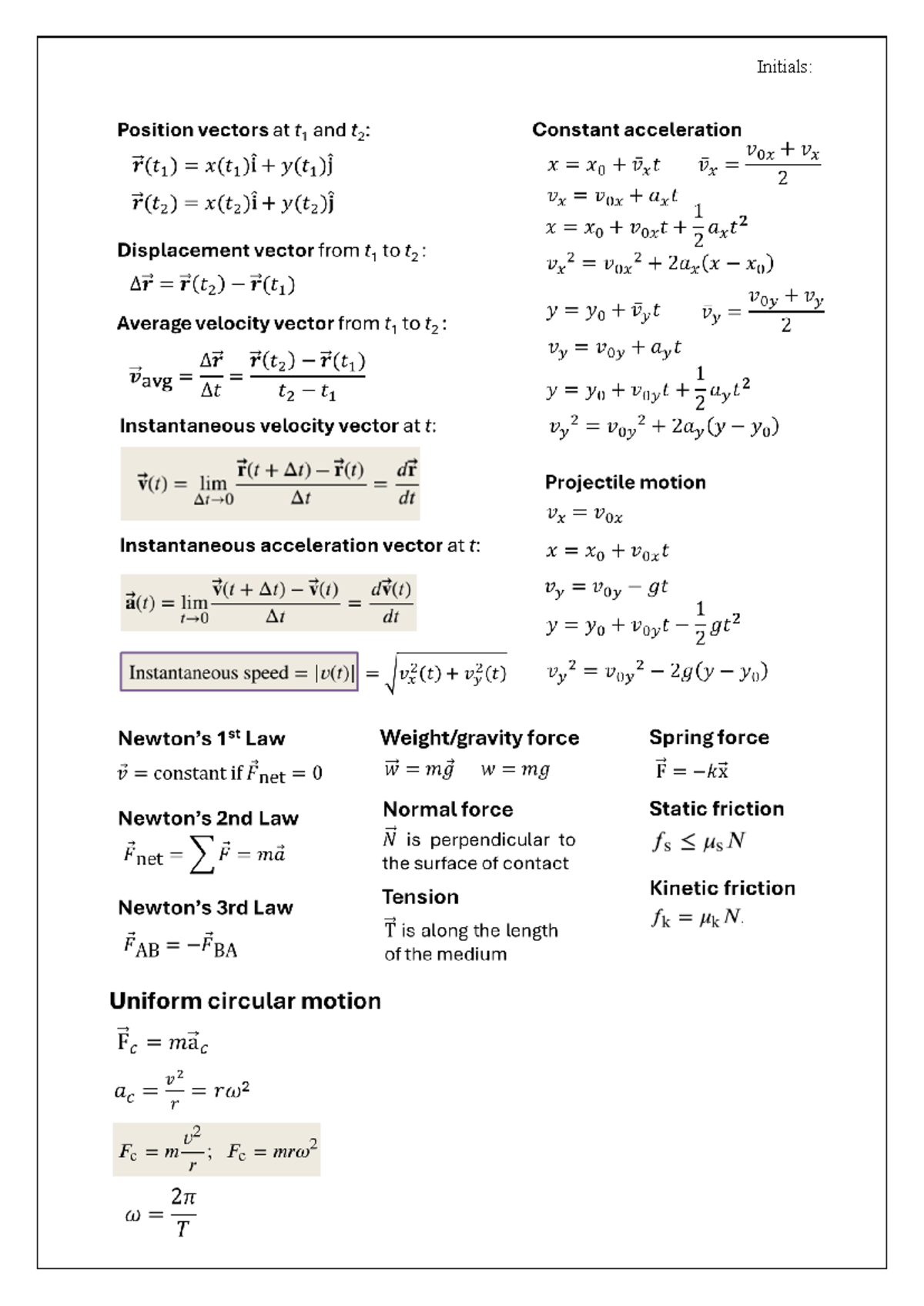 Midterm 1-Equation-Sheet - Initials: Position vectors at t1 and t2 ...