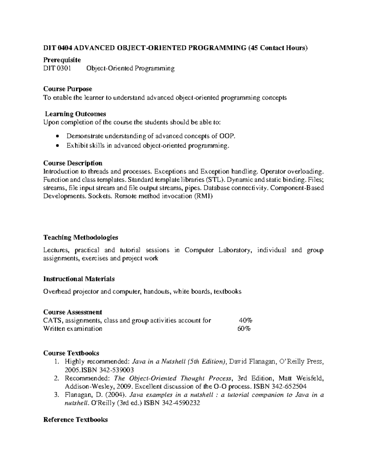 Dit 0404 Advanced Object Oriented Programming Dit 0404 Advanced