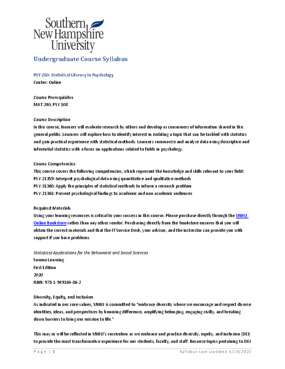 PSY 260 Syllabus - Undergraduate Course Syllabus PSY 260: Statistical Literacy in Psychology ...