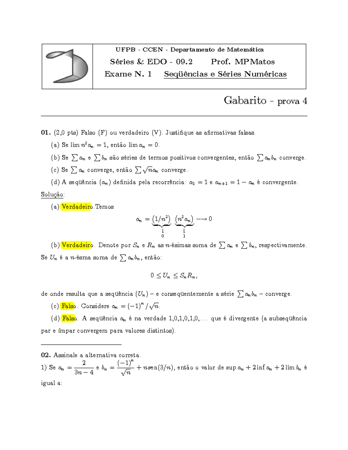 Edo - equações diferenciais provas passada edo ufpb - UFPB - CCEN ...