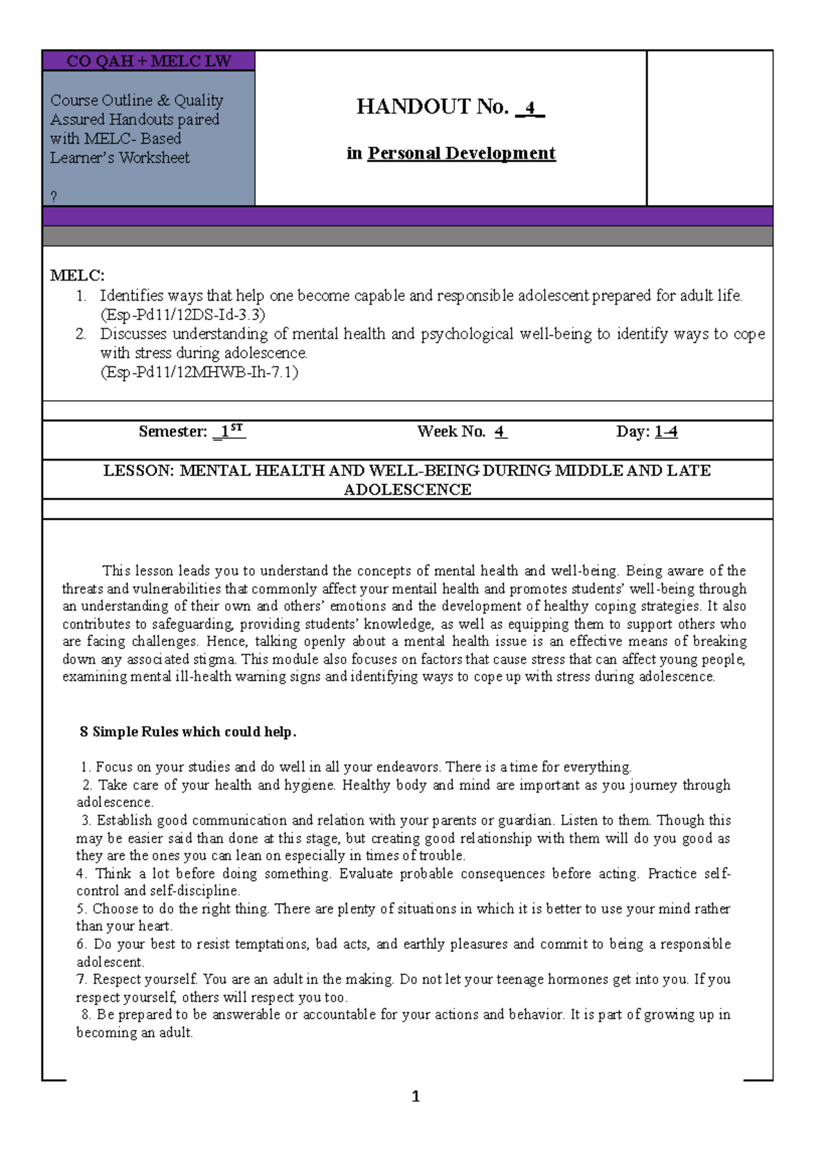 Perdev-WEEK 4-handouts - CO QAH + MELC LW HANDOUT No. 4 in Personal Development Course Outline ...