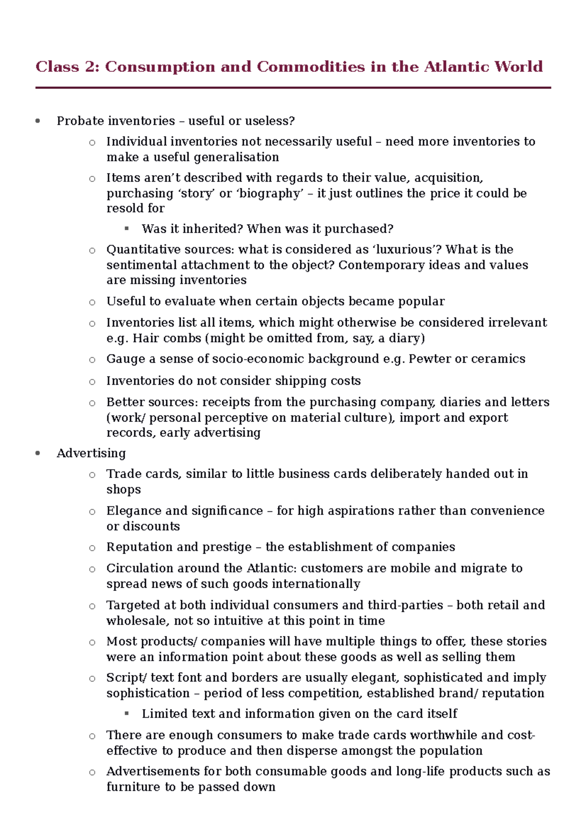 Consumption and commodities in the Atlantic world - Class 2 ...