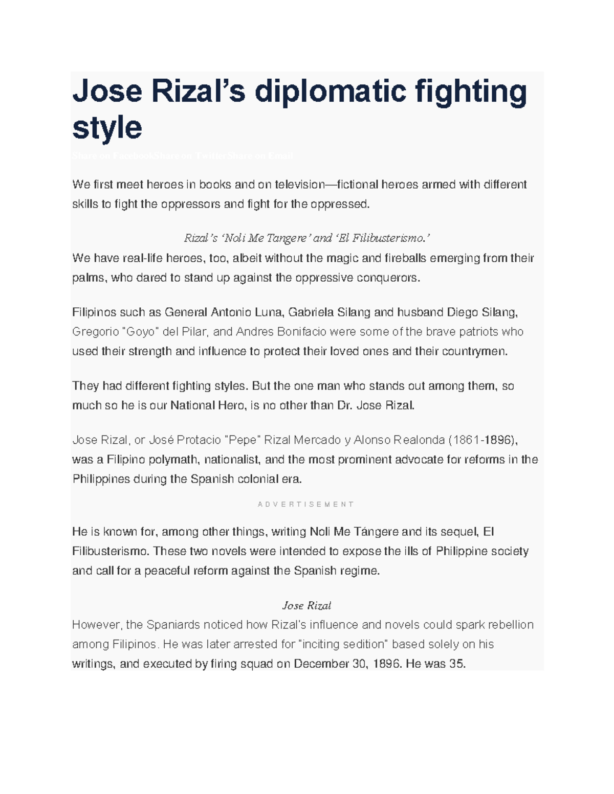 Jose Rizal’s diplomatic fighting style - Jose Rizal’s diplomatic ...