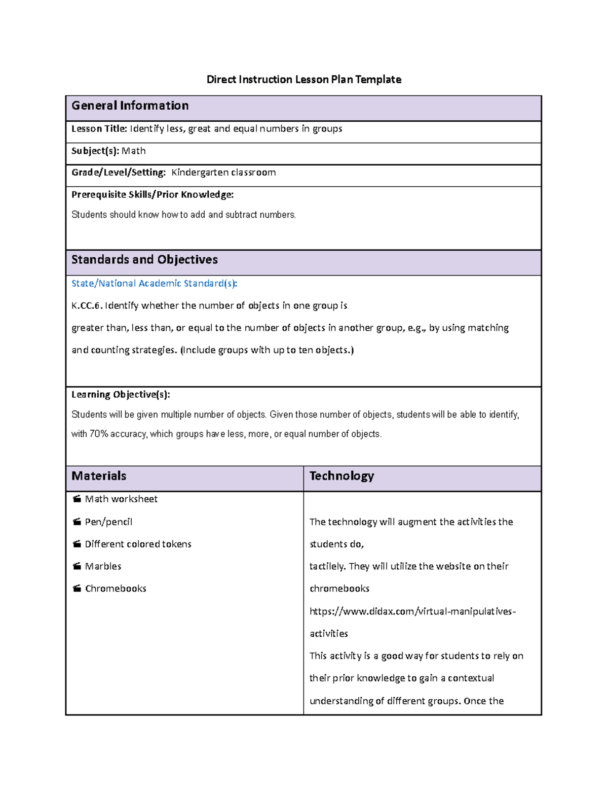 Lp direct instruction lesson plan template - Direct Instruction Lesson ...