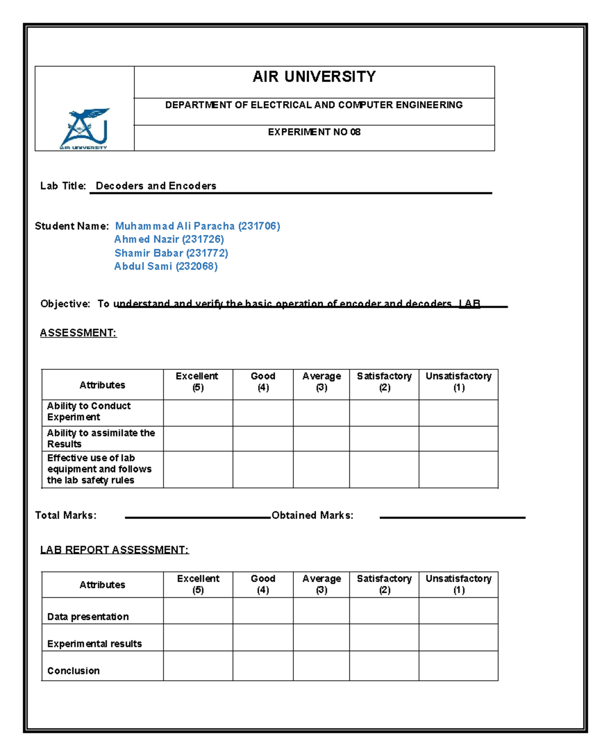 Lab 08 dld - AIR UNIVERSITY ####### DEPARTMENT OF ELECTRICAL AND ...