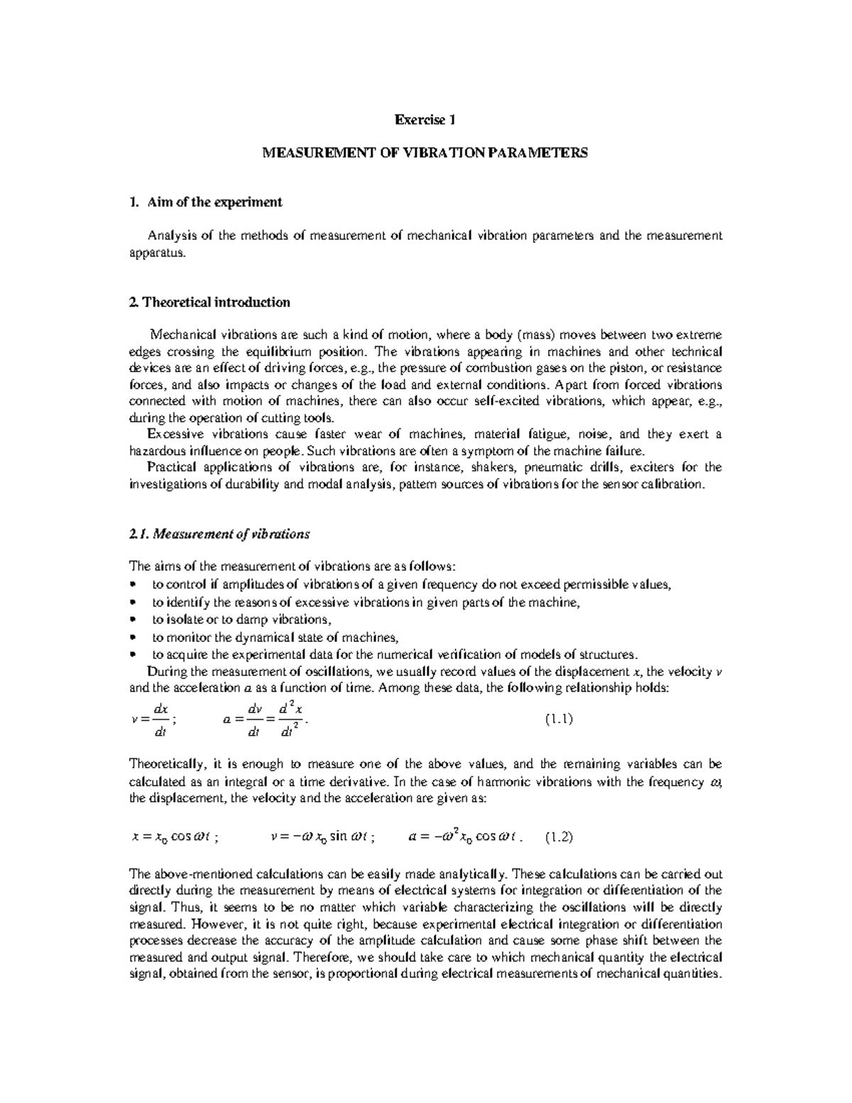 Exercise 1 - Measurement of vibration parameters - Exercise 1 ...