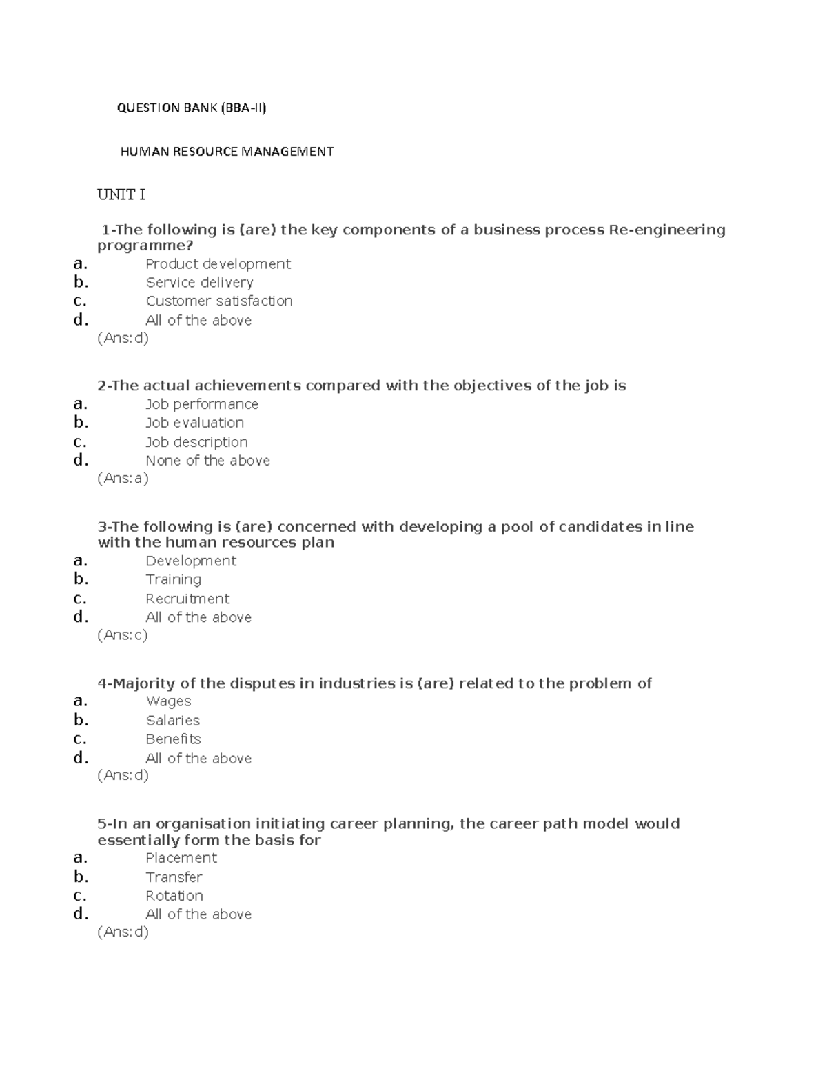 Question BANK HRM - Sure Q & A - QUESTION BANK (BBA-II) HUMAN RESOURCE ...