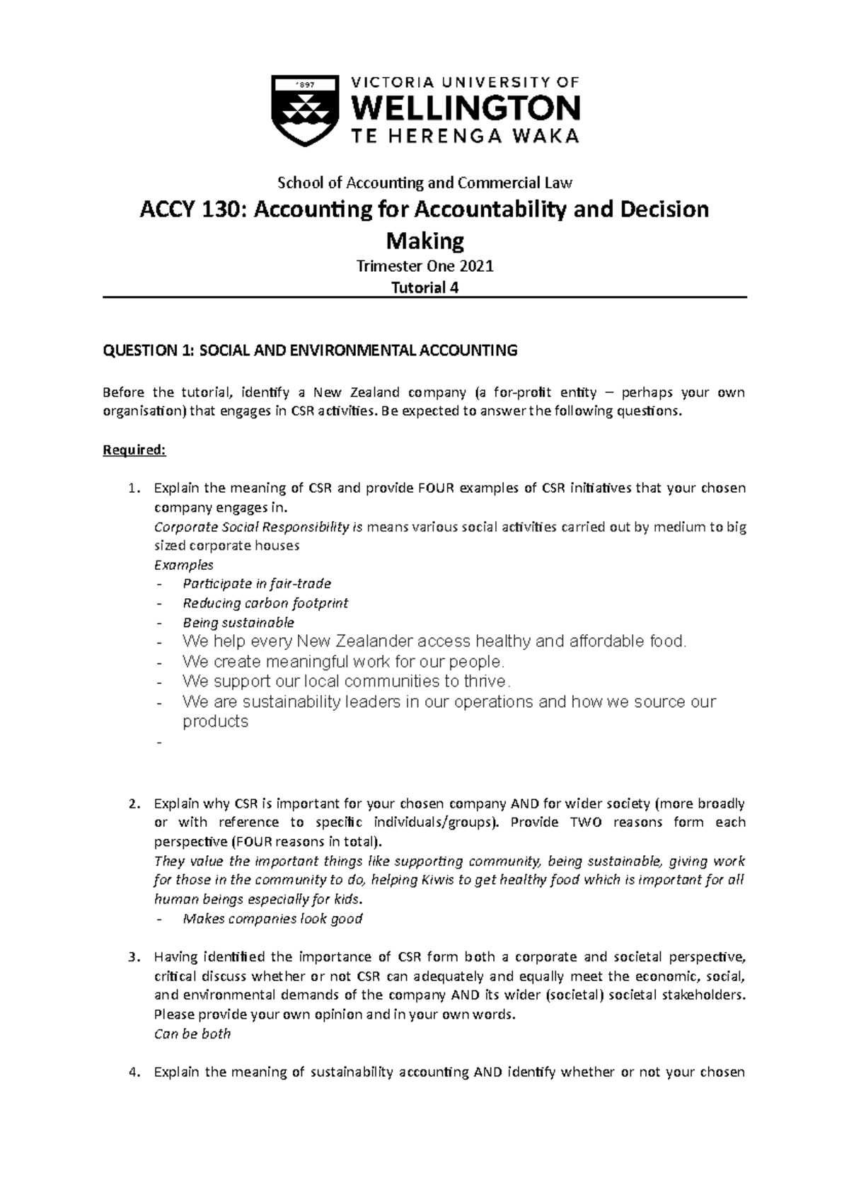 Tutorial 4 Questions and Answers - School of Accounting and Commercial ...