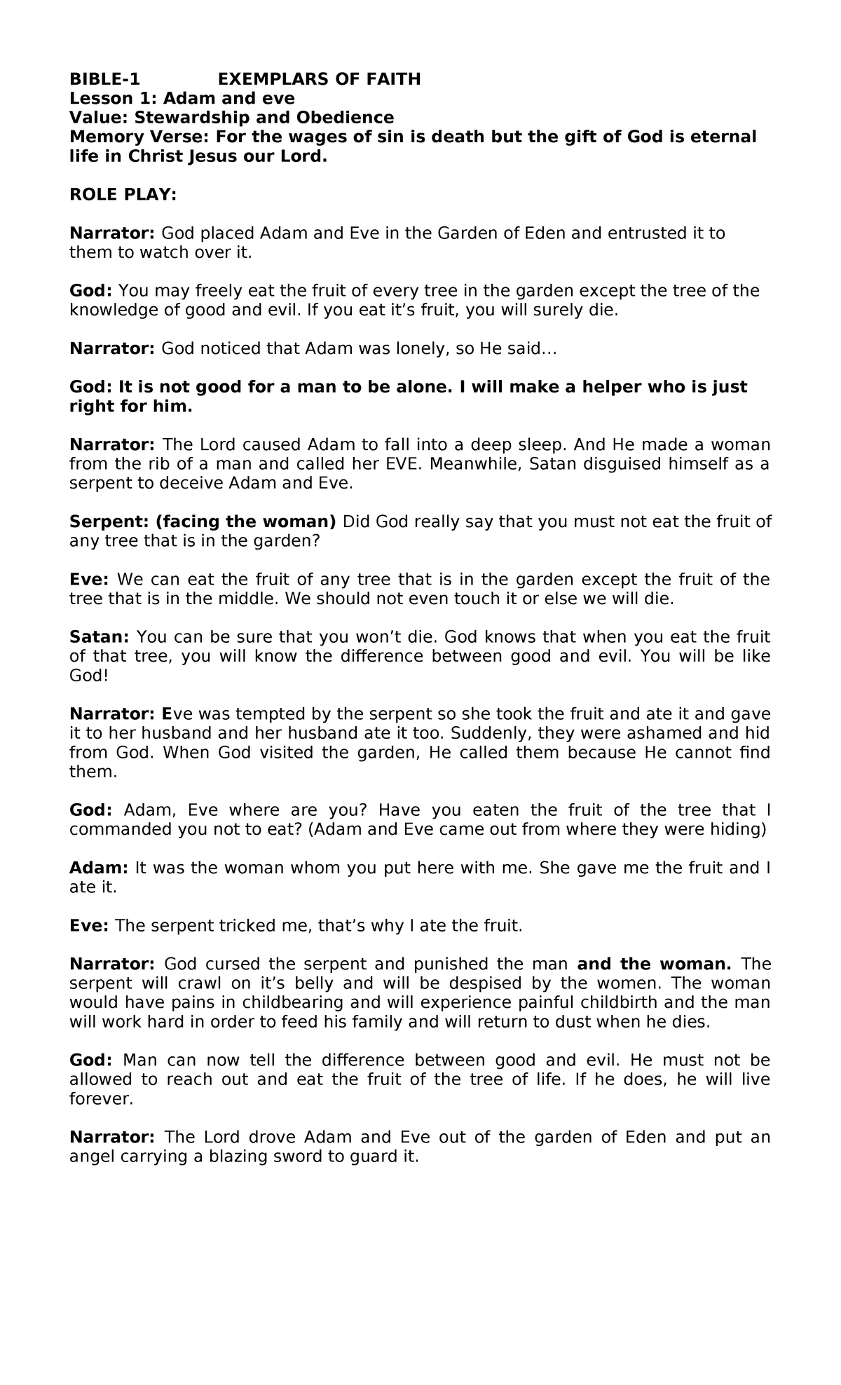 Bible 1 Lesson 1 - BIBLE-1 EXEMPLARS OF FAITH Lesson 1: Adam and eve ...