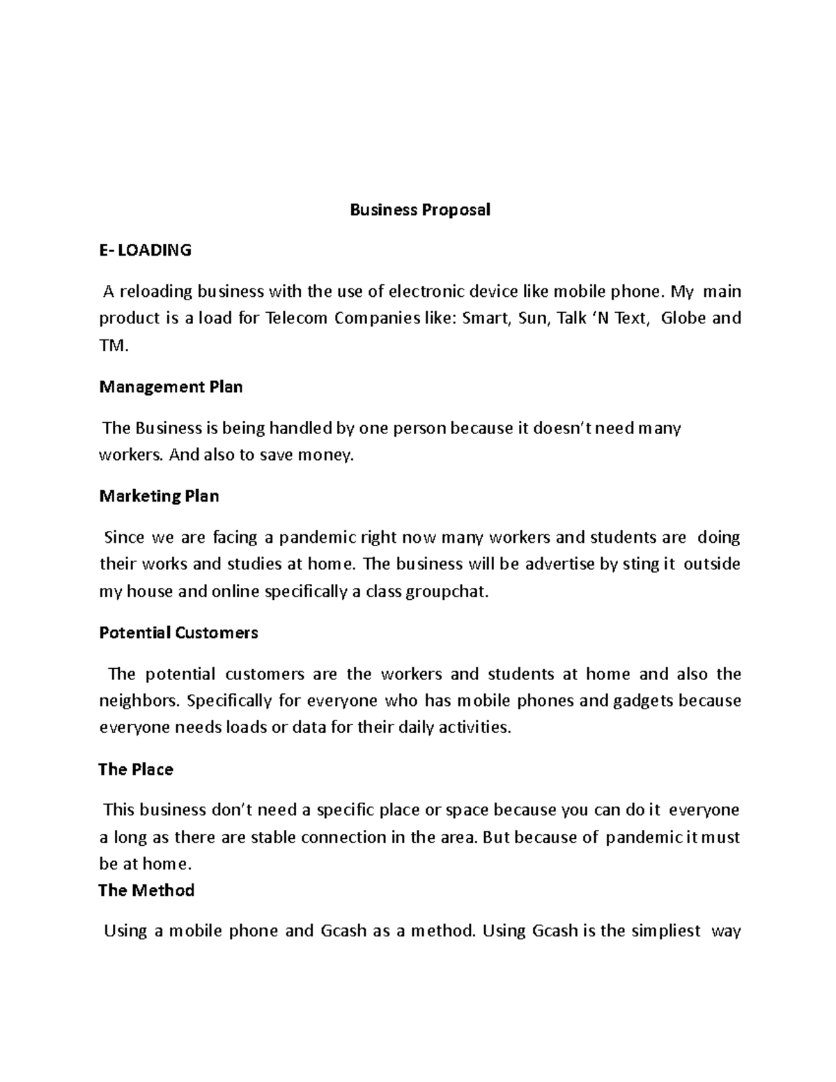 Example Of Business Plan Business Proposal E LOADING A Reloading