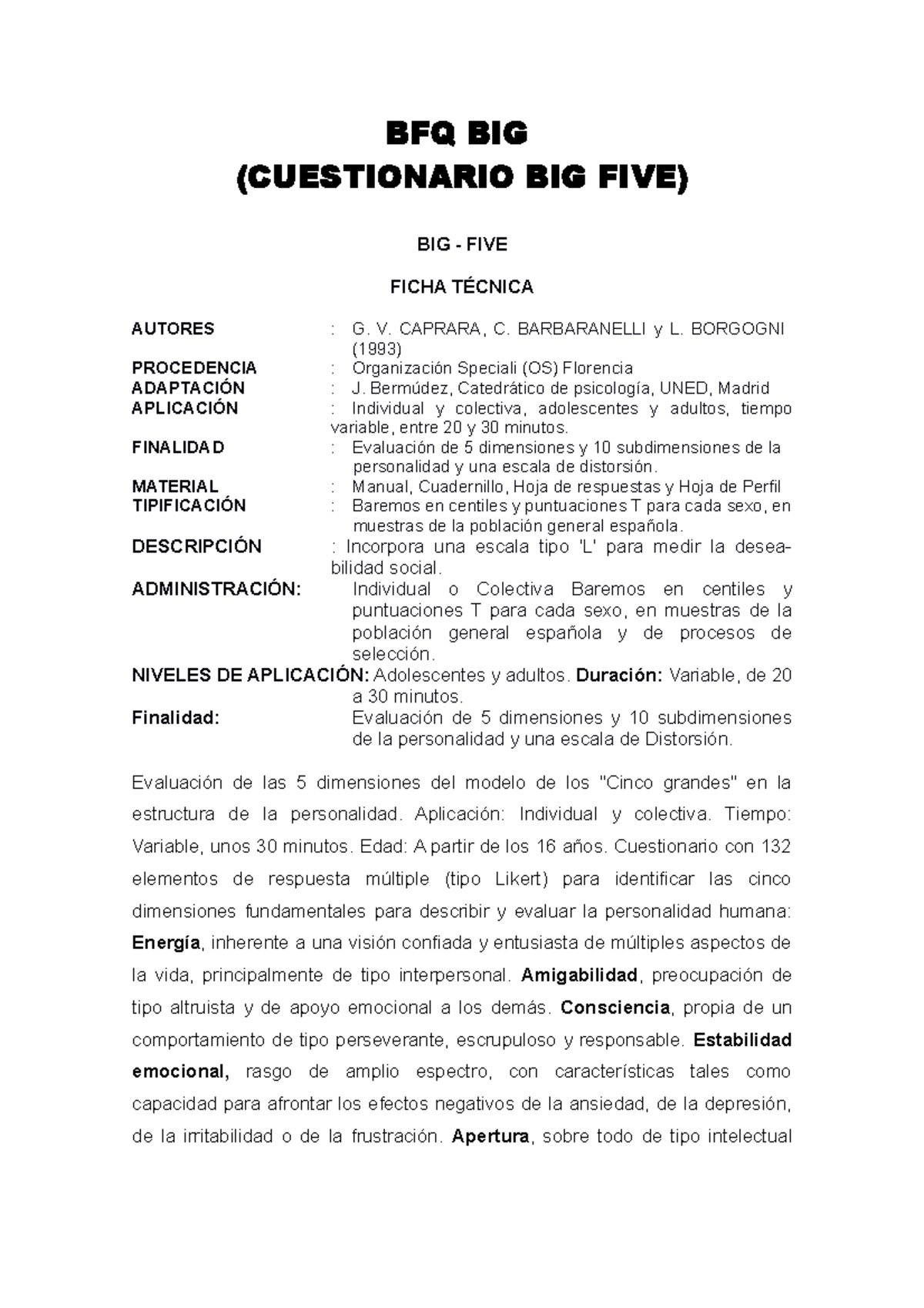 BFQ BIG FIVE Ficha Tecnica - BFQ BIG (CUESTIONARIO BIG FIVE) BIG - FIVE FICHA TÉCNICA AUTORES ...