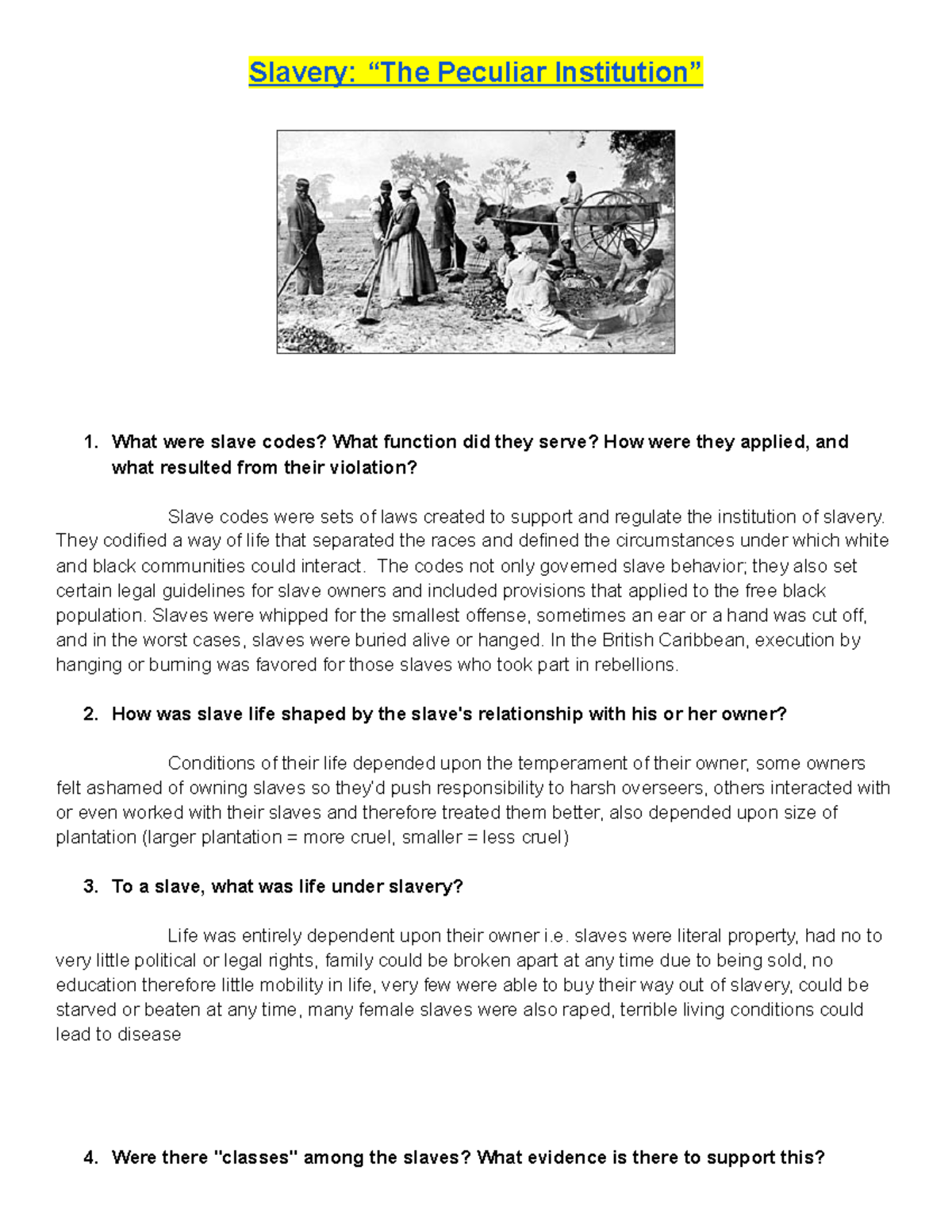 E. Slavery The Peculiar Institution - Slavery: “The Peculiar ...