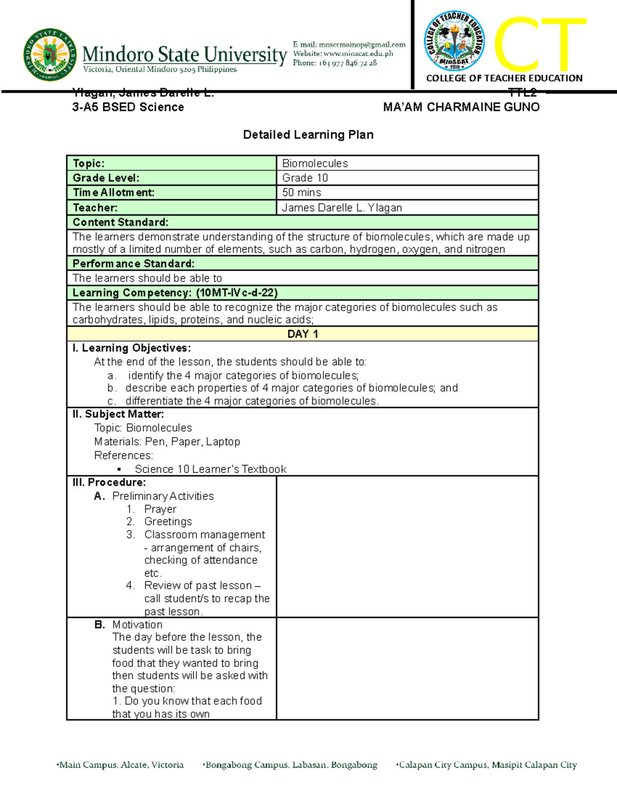 Detailed LP for final demo teaching - Ylagan, James Darelle L. TTL 3-A5 BSED Science MA’AM ...