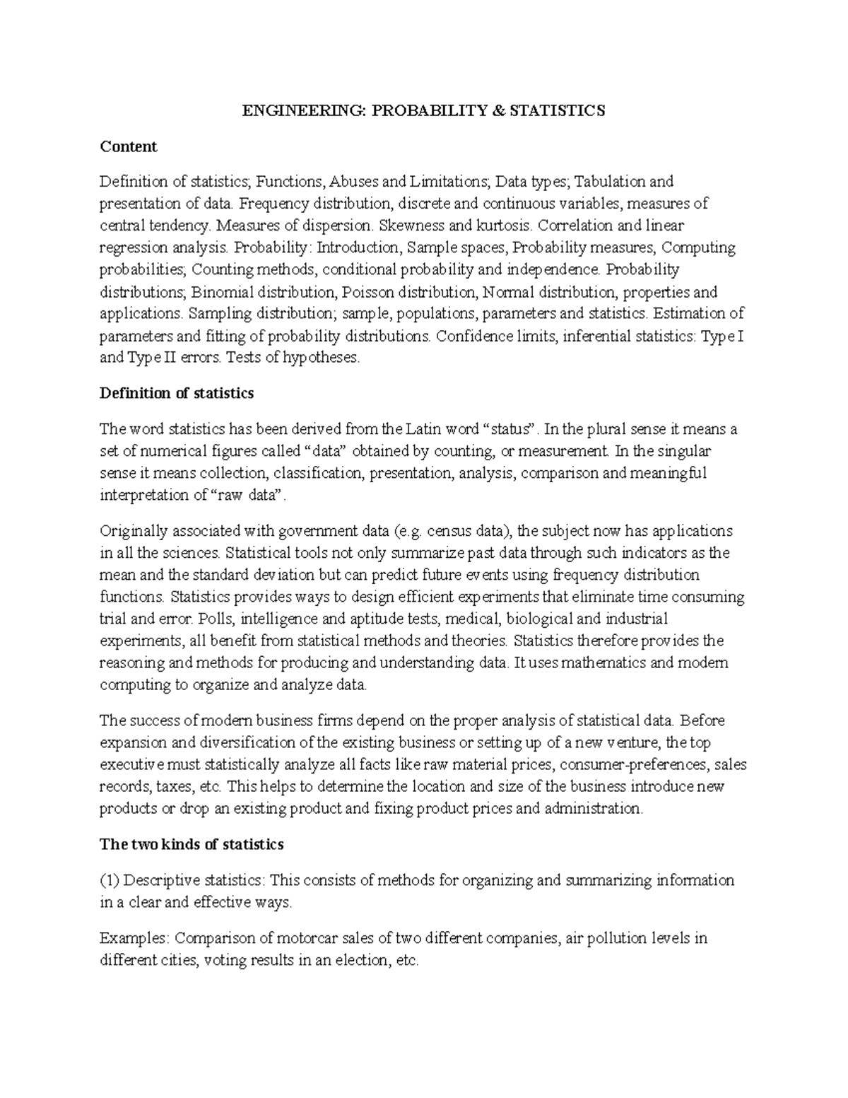 Engineering PROB & STAT Lecture Notes 1 - ENGINEERING: PROBABILITY ...