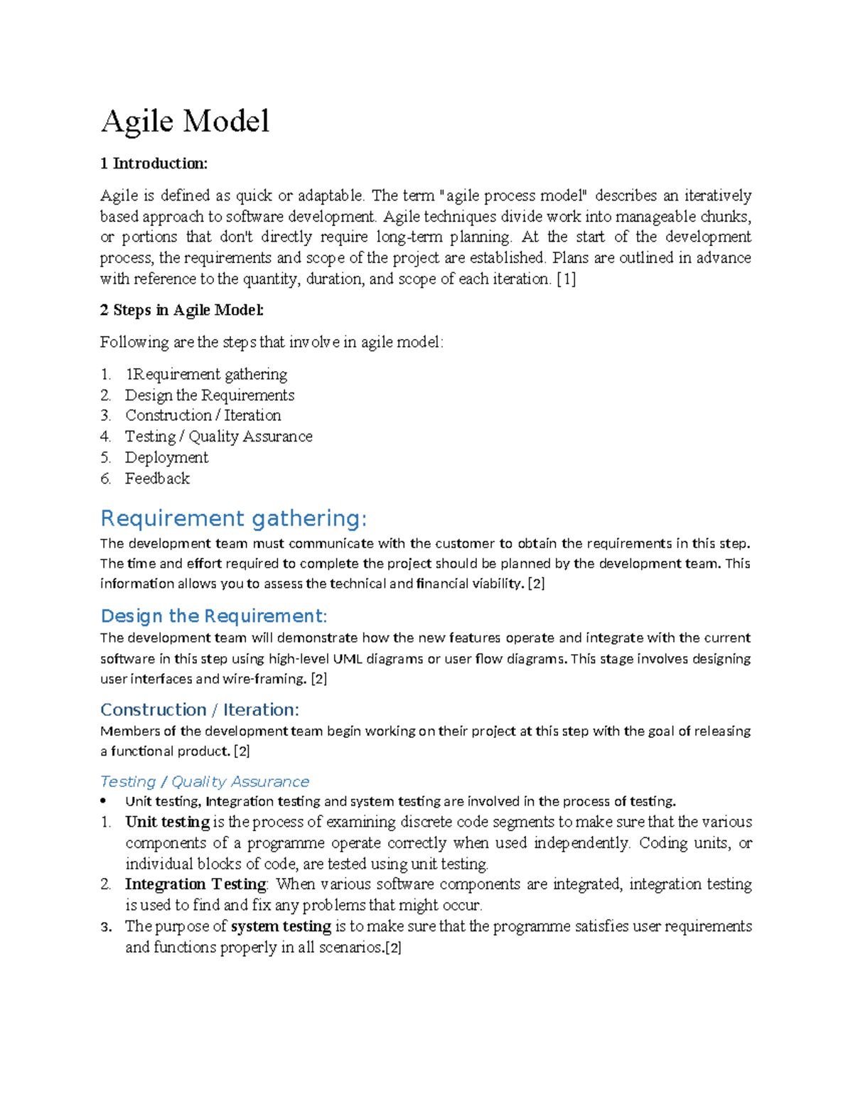 Agile Model assignment - Agile Model 1 Introduction: Agile is defined ...