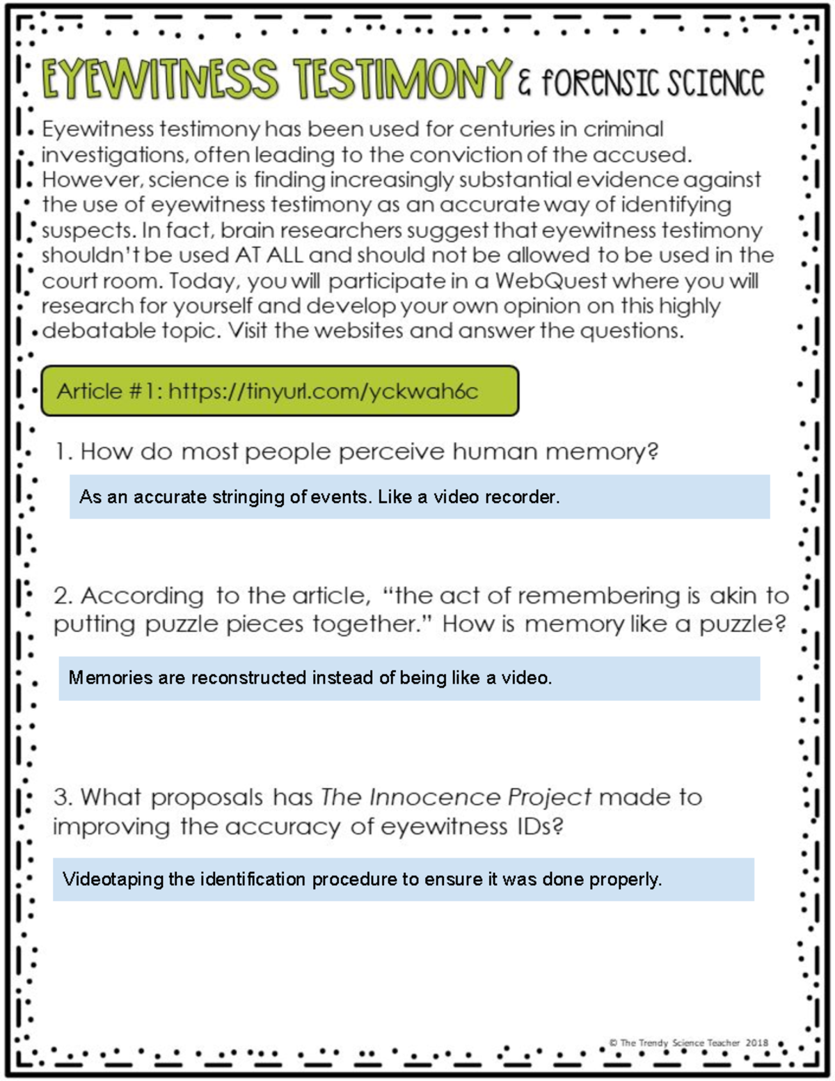 Eyewitness Testimony - As an accurate stringing of events. Like a video ...