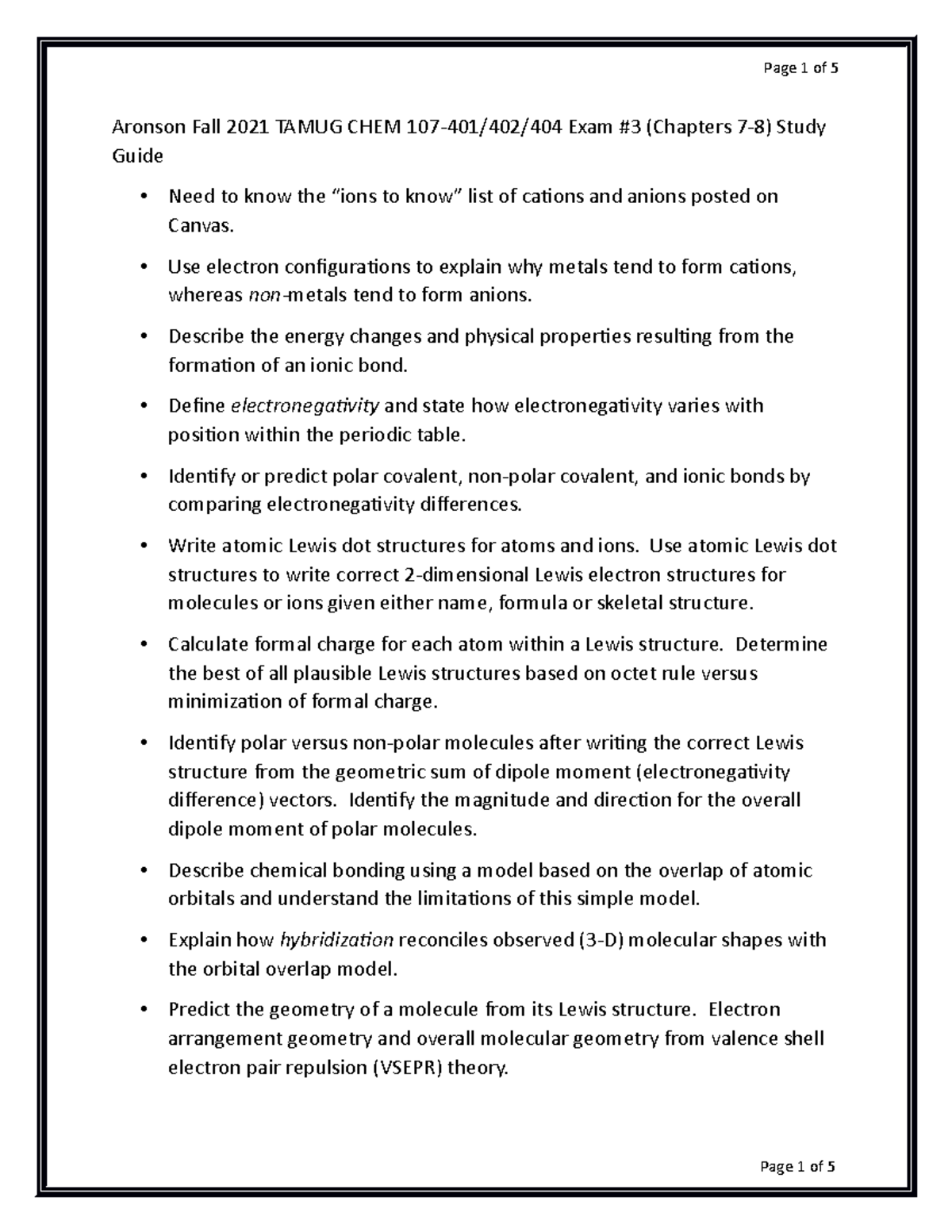 Aronson Fall 2021 Tamug CHEM 107 Exam 3 Study Guide - Aronson Fall 2021 ...