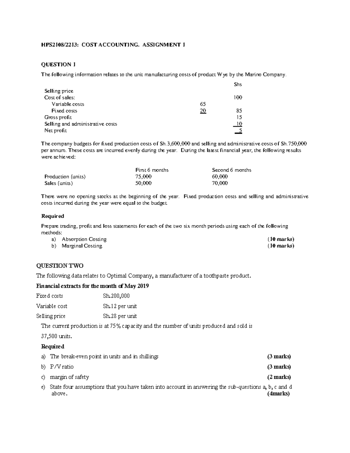 HPS2108;2213; COST Accounting. Assignment 1 - HPS2108/2213: COST ...