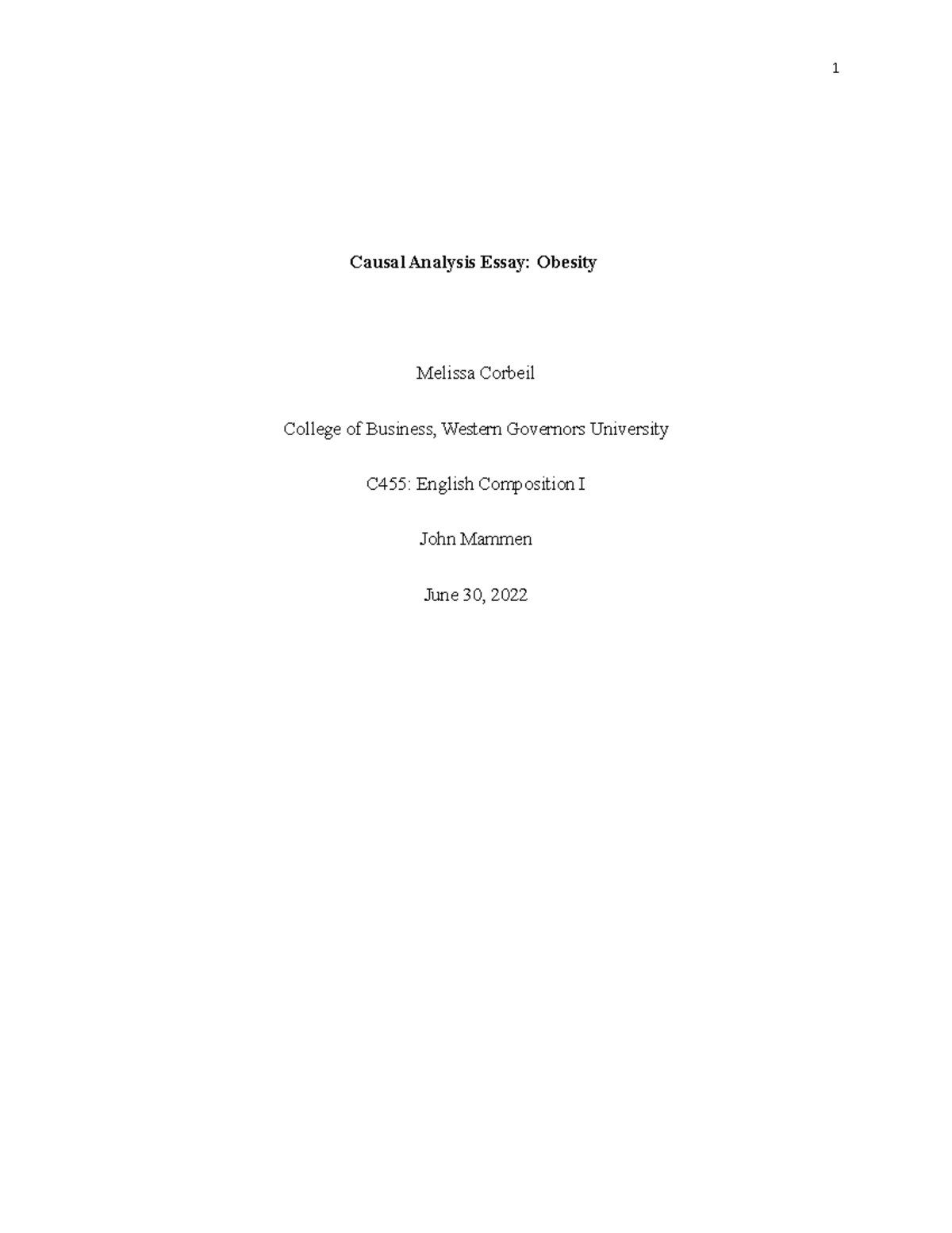 Casual Analysis Obesity - Causal Analysis Essay: Obesity Melissa ...