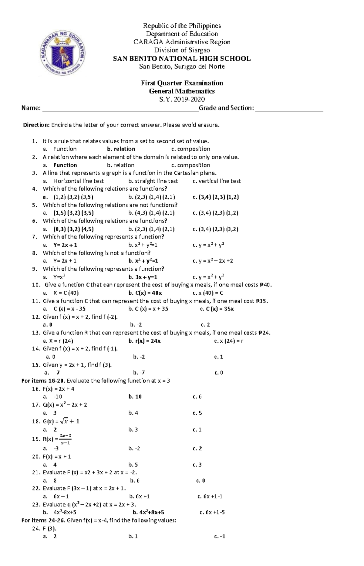 Gen math 1st quarter exam W:ans - Republic of the Philippines ...