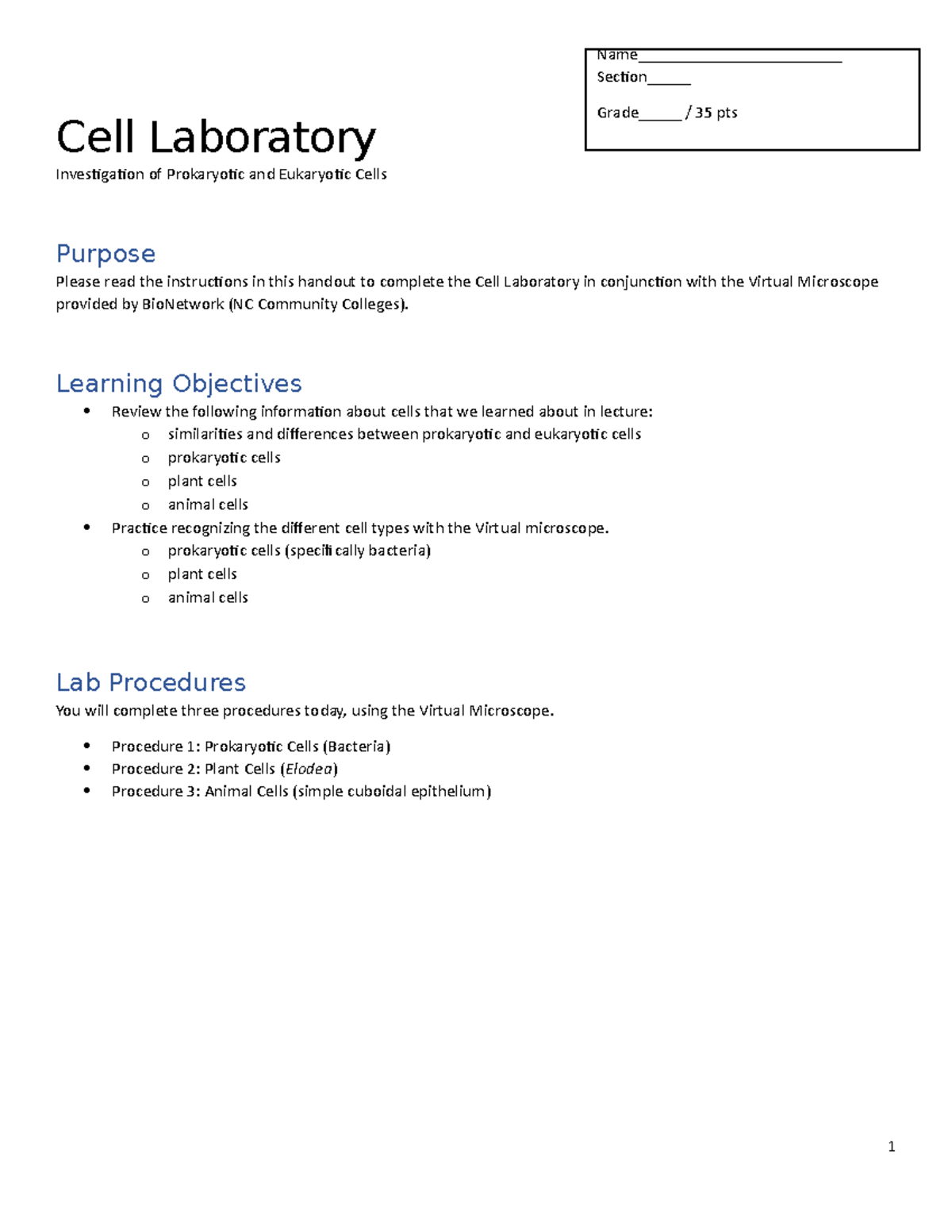 Cell Laboratory Handout - Cell Laboratory Investigation of Prokaryotic ...