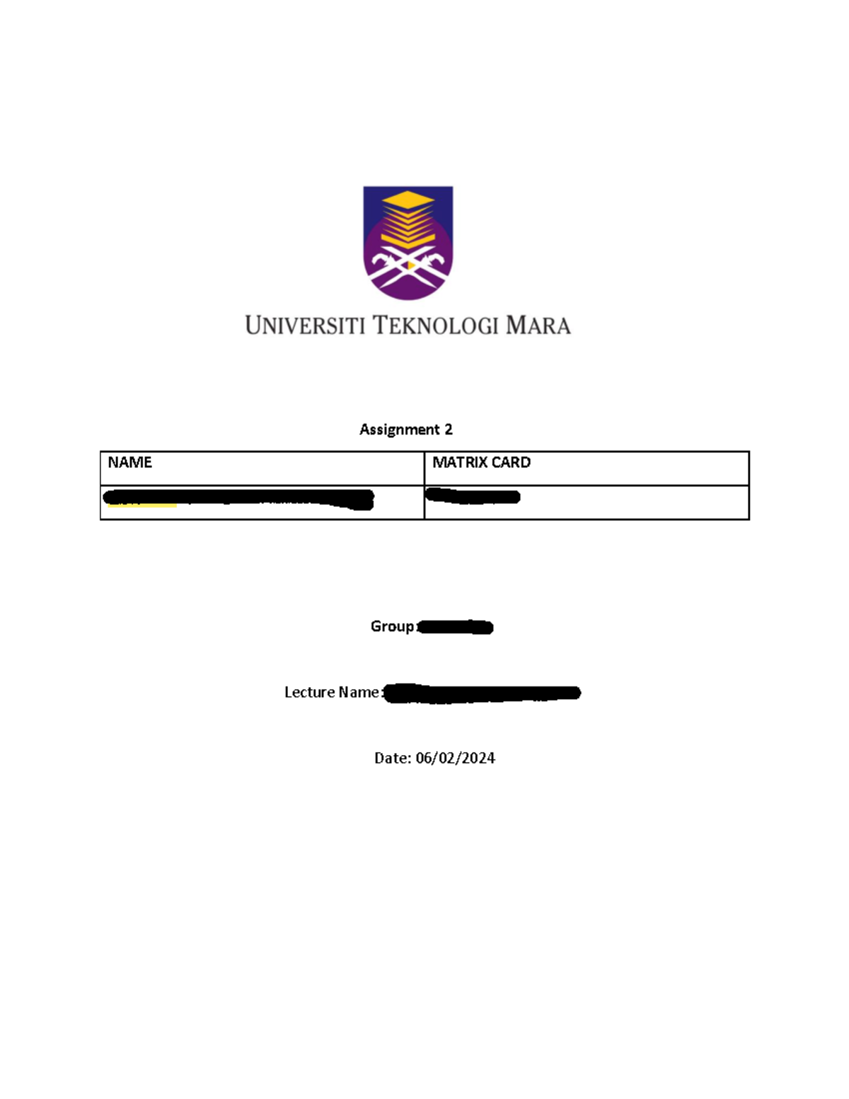 Individual assignment - Assignment 2 NAME MATRIX CARD SYAZWAN HAFIEZY ...