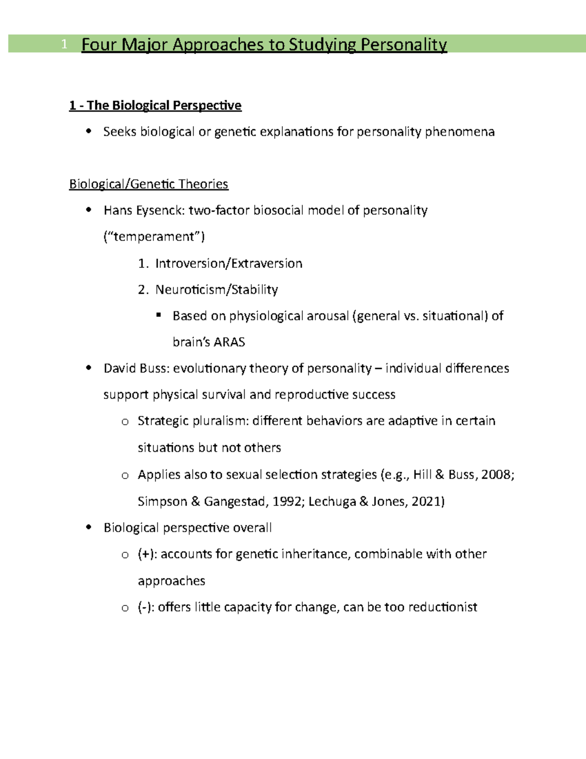 Pt1 Ch3 - Four Major Approaches on Studying Personality - 1 - The ...
