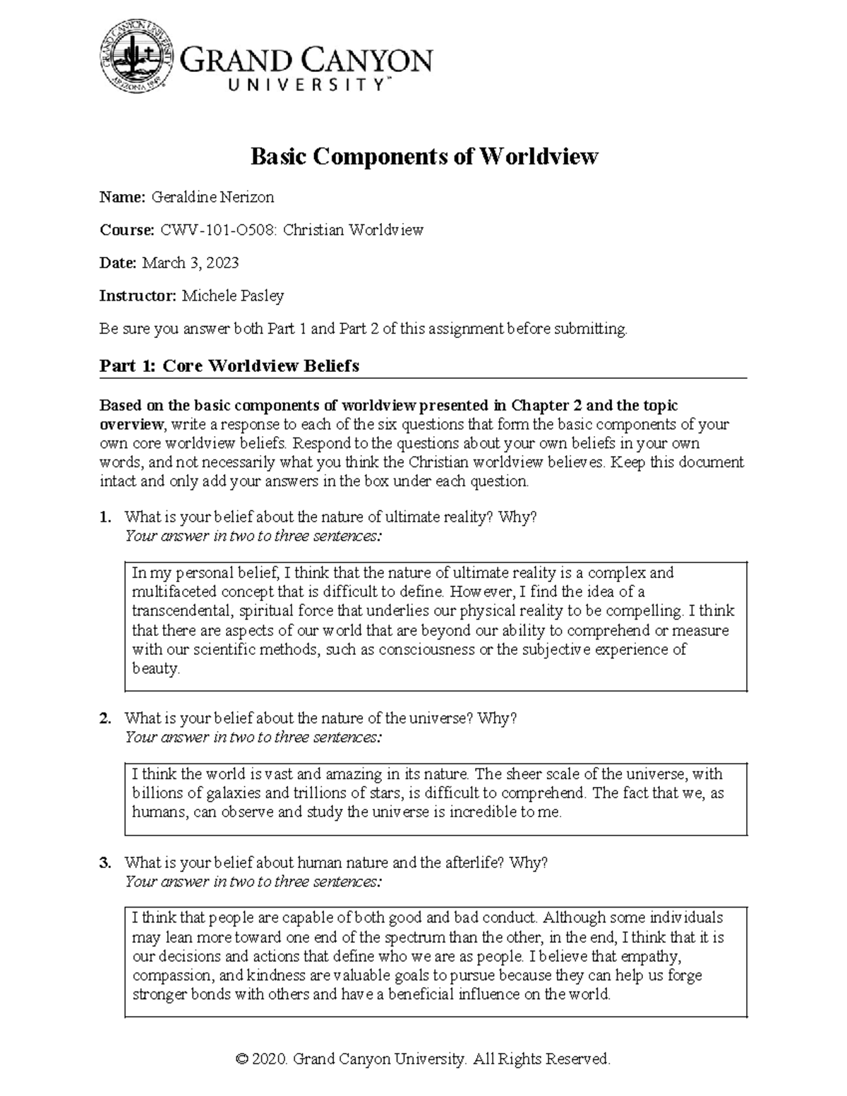 CWV 101 301 RS T1Basic Components Of Worldview - Basic Components of Worldview Name: Geraldine ...