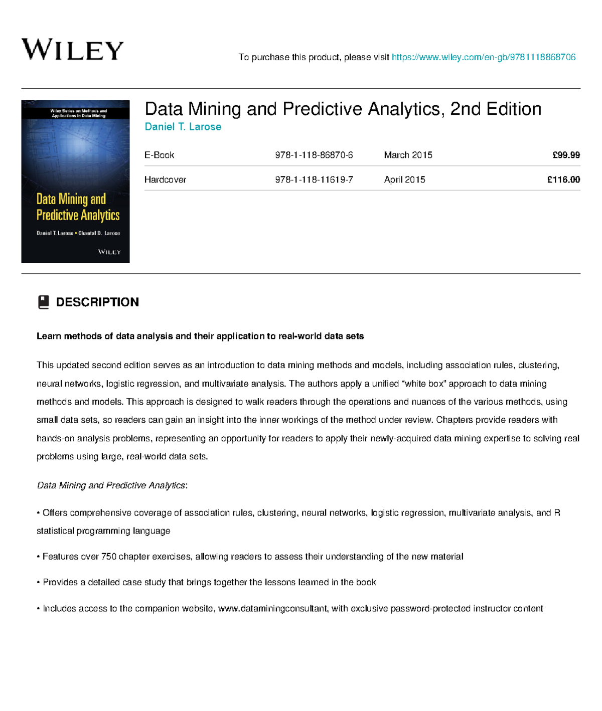 Wiley Data Mining and Predictive Analytics, 2nd Edition 978-1-118-86870-6 - To purchase this ...
