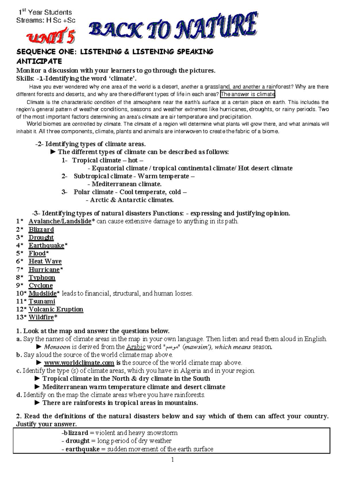 Back to nature - 1 st Year Students Streams: H Sc +Sc SEQUENCE ONE ...