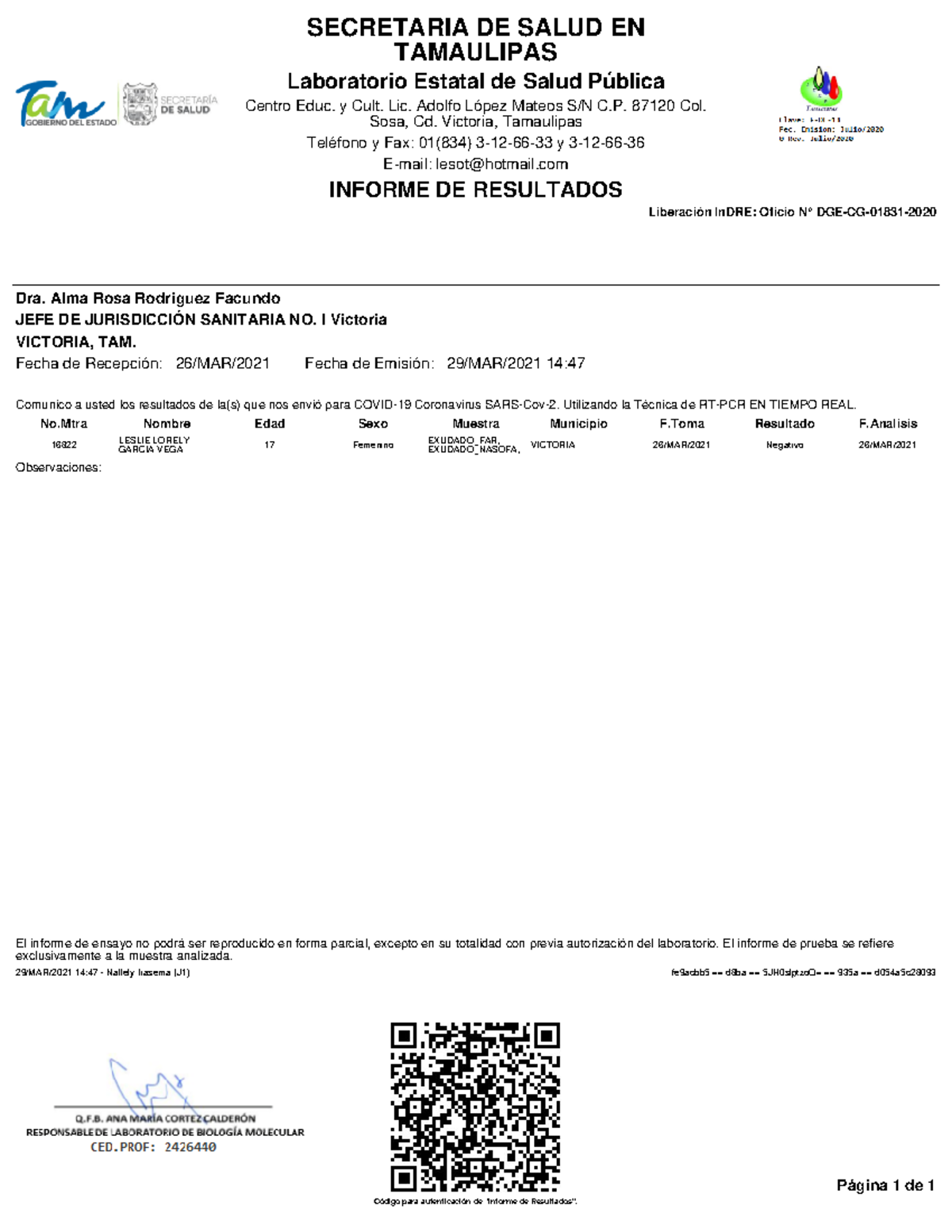 Covid-19-16822 - Prueba pcr negativa de paciente femenino - SECRETARIA ...