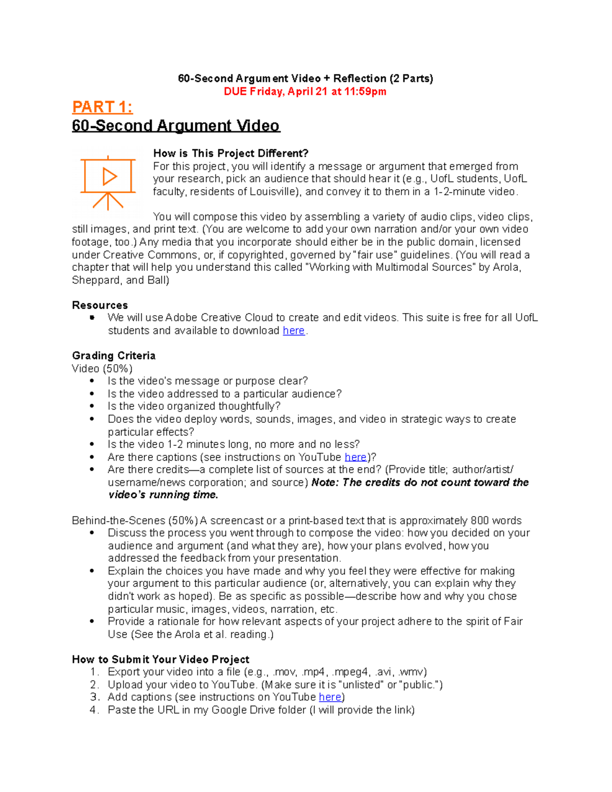 60-Second Argument Video and Reflection - , UofL students, UofL faculty ...