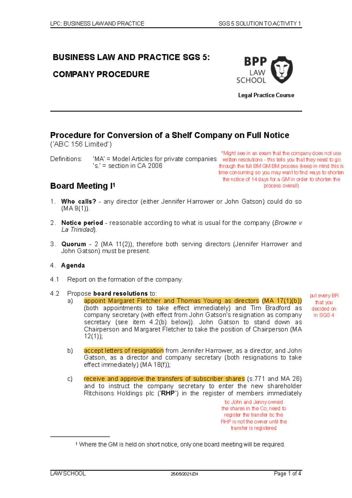B SGS 05 Activity 1 Solution - LPC: BUSINESS LAW AND PRACTICE SGS 5 ...