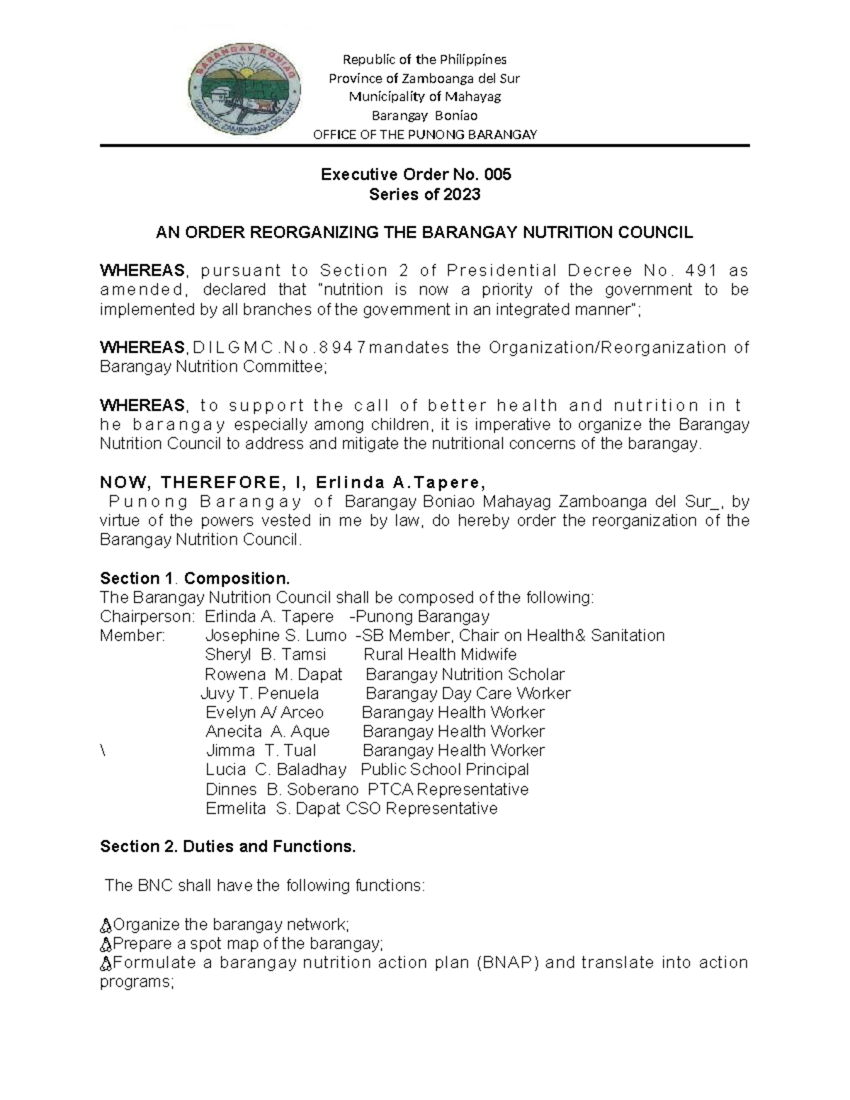 Executive Order Barangay Nutrition Council docx - Republic of the ...