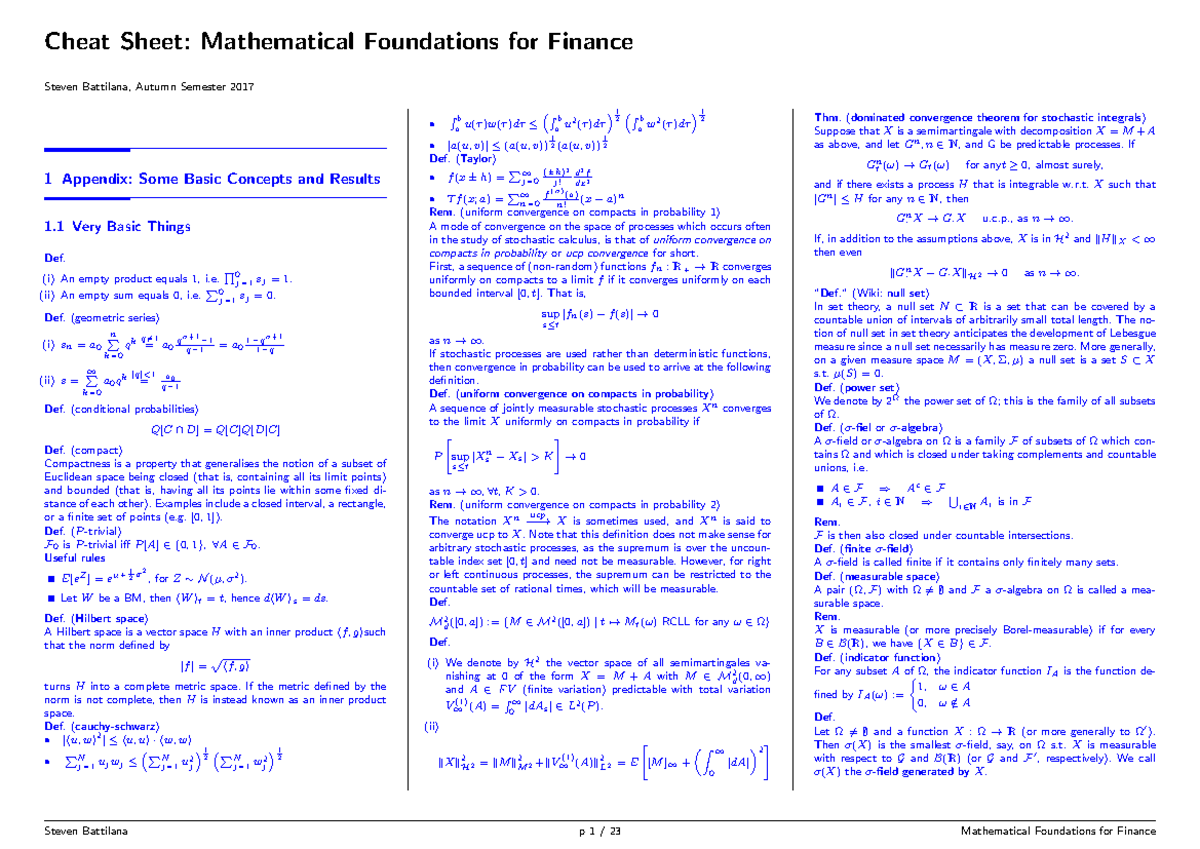 Mathematical Finance Cheatsheet 1718839707 - Cheat Sheet: Mathematical ...