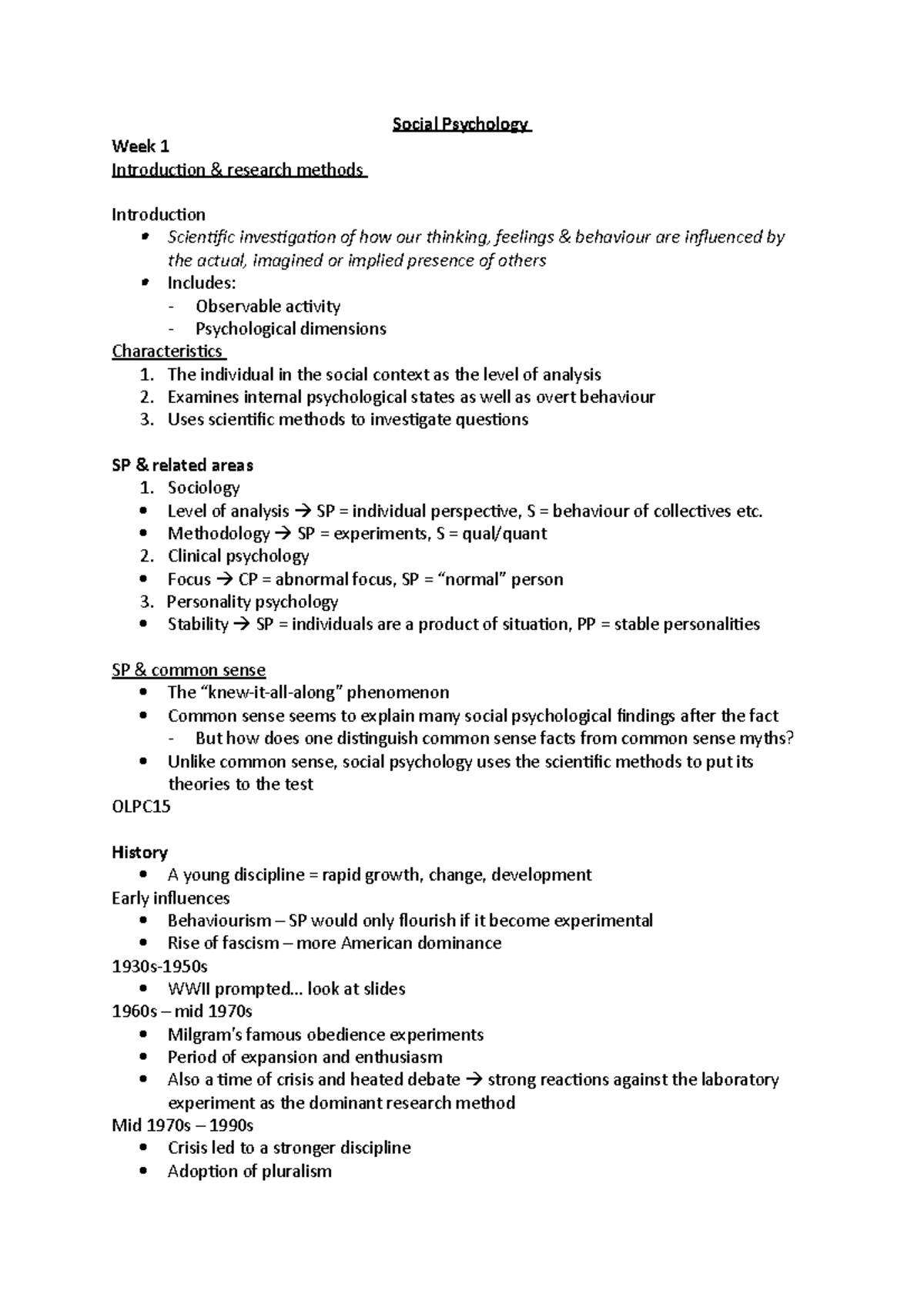 Social Psychology Lecture Notes - Week 1 Introduction &amp; research ...