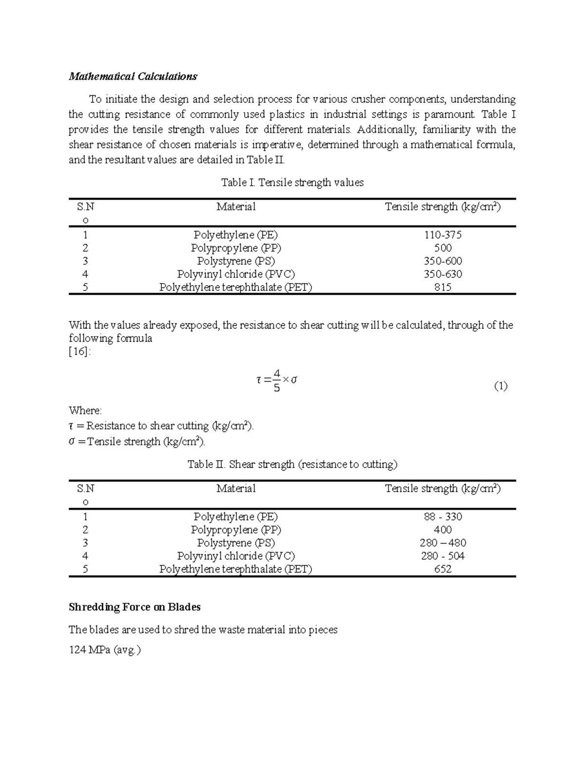 Mathematical Calculations - Table I provides the tensile strength ...