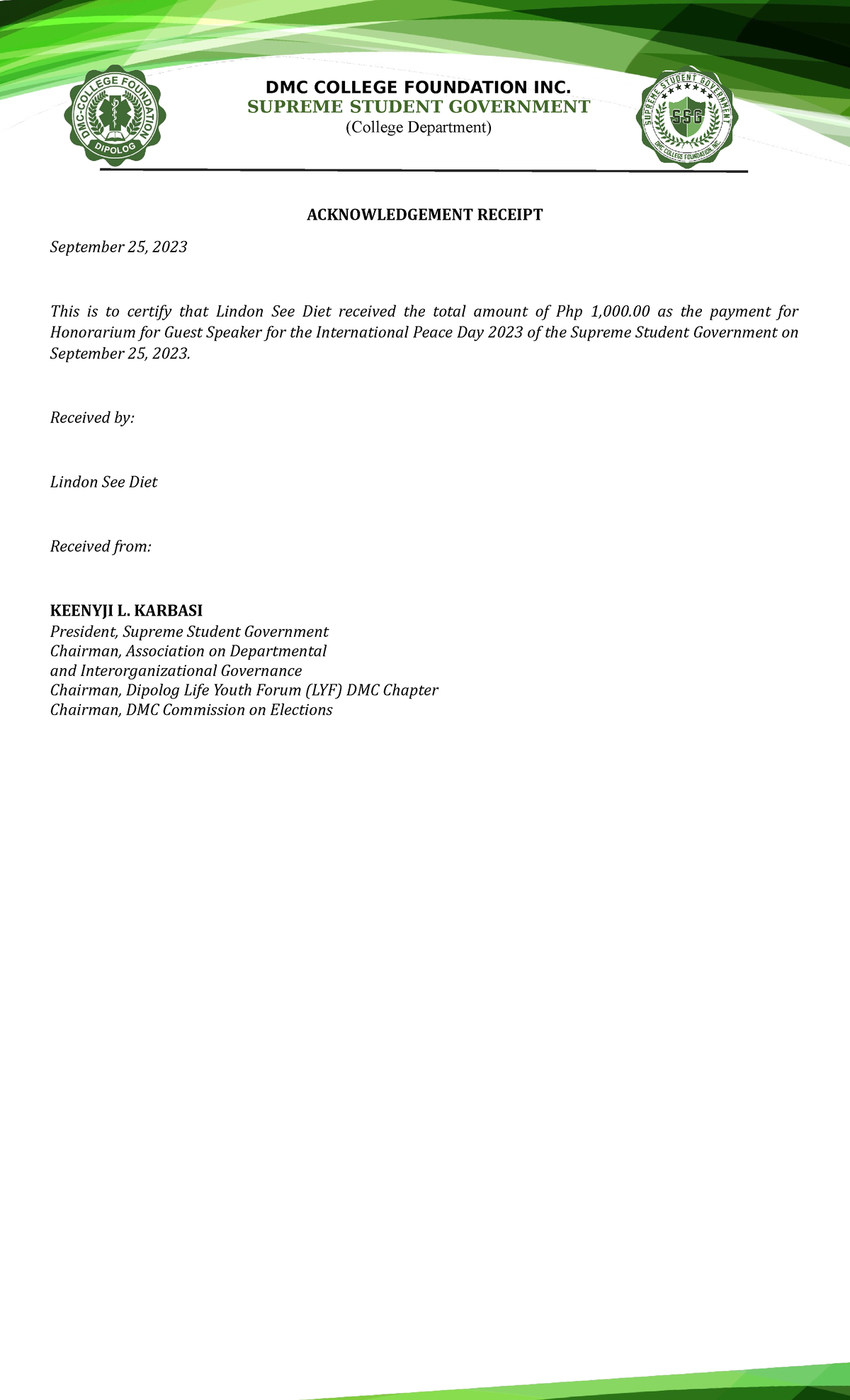 Letter-international-peace-day - ACKNOWLEDGEMENT RECEIPT September 25 ...