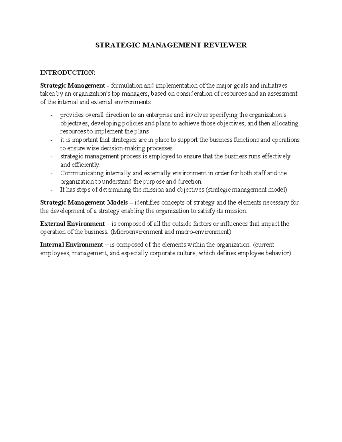 Strama Lesson 1 Reviewer - STRATEGIC MANAGEMENT REVIEWER INTRODUCTION ...