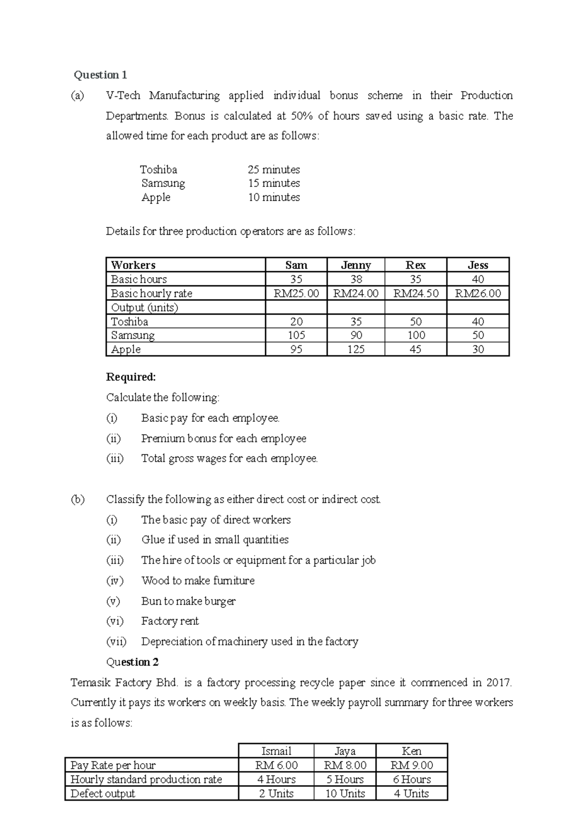 Labour Cost Account Question 1 a V Tech Manufacturing Applied