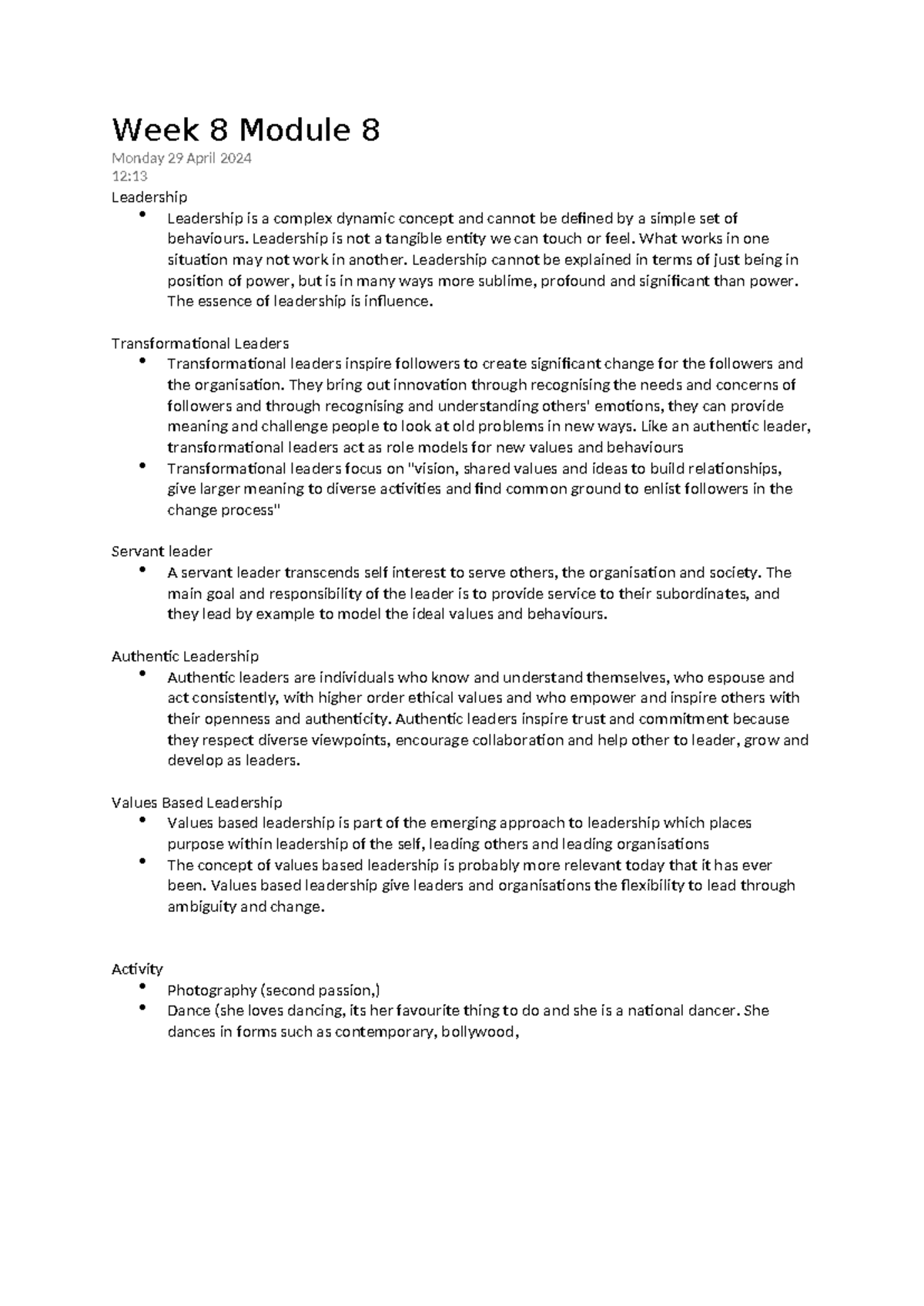Week 8 Module 8 - Week 8 Module 8 Monday 29 April 2024 12: Leadership Leadership is a complex ...