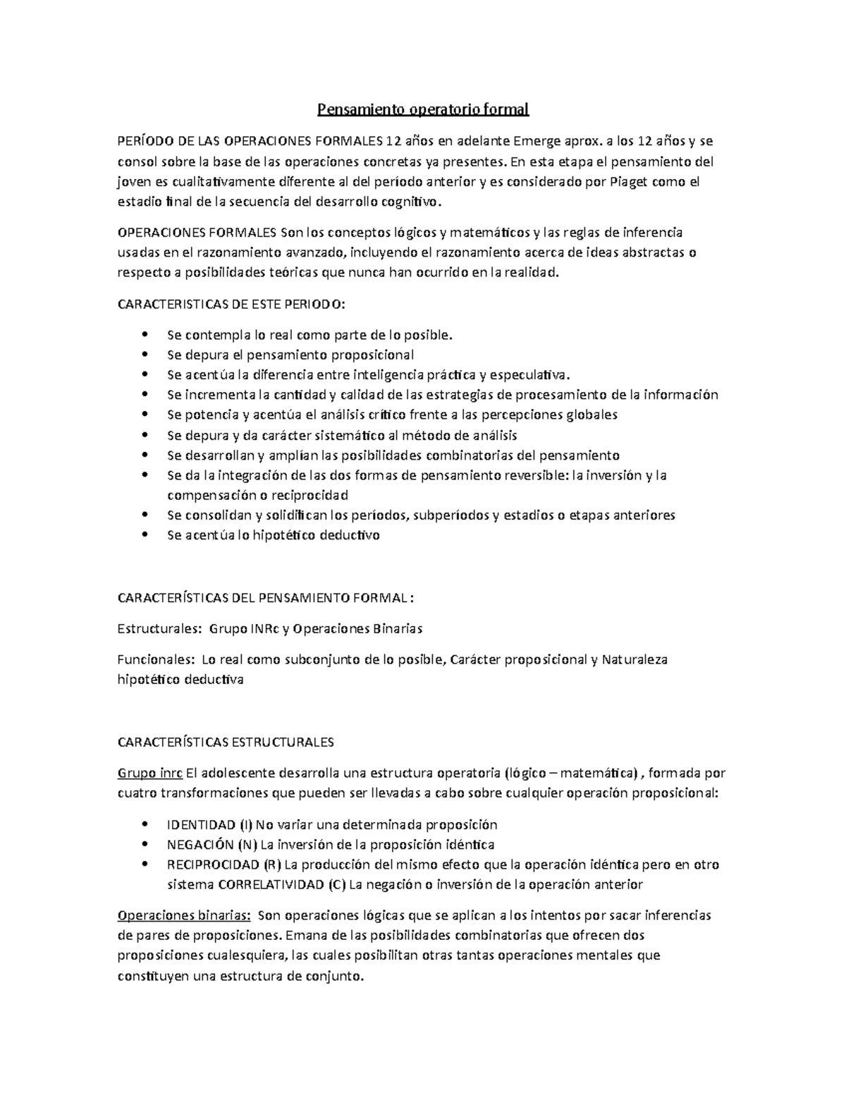 Pensamiento operatorio formal - Pensamiento operatorio formal PERÍODO ...