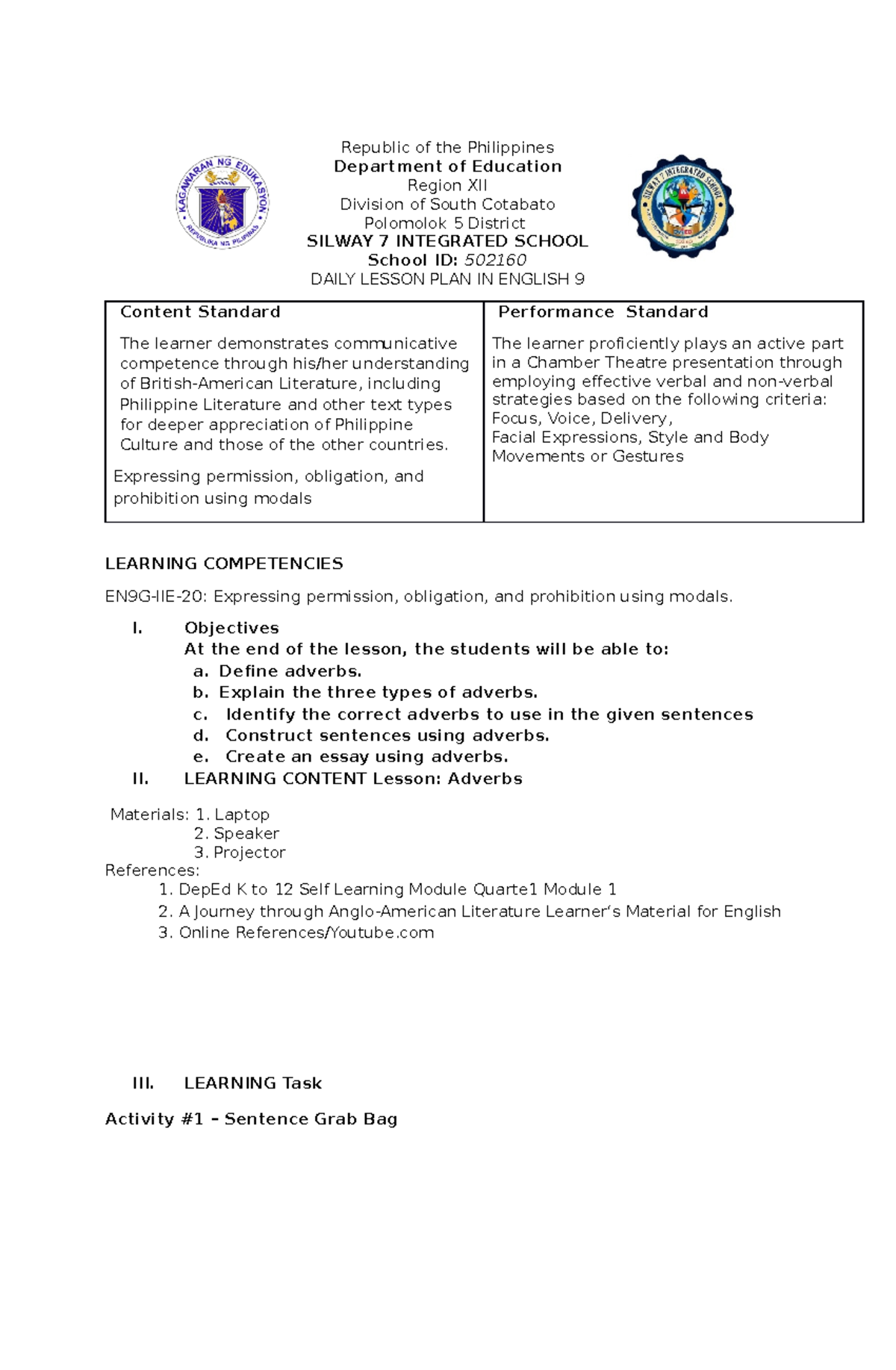 DLP Eng 9 - Republic of the Philippines Department of Education Region ...