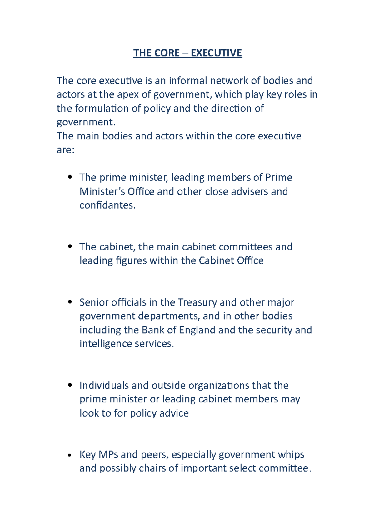 THE CORE – Executive - notes - THE CORE – EXECUTIVE The core executive ...